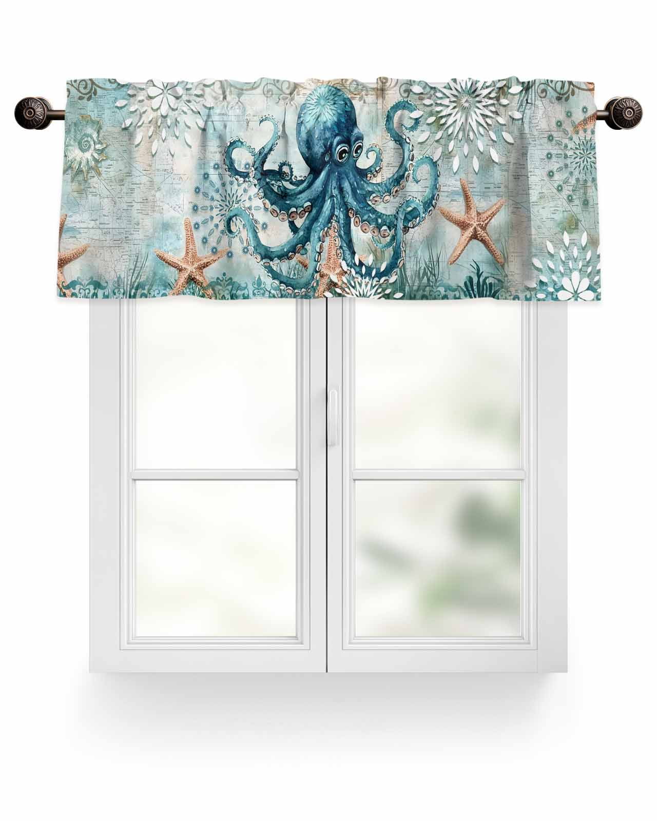 Window Valance for Kitchen, Ocean Octopus Starfish Monster Rod Pocket ...