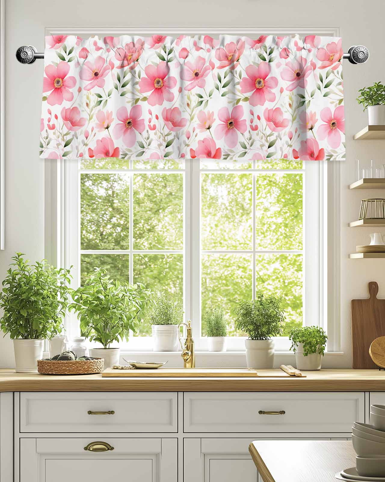 Window Valance for Kitchen, Pink Flower Spring Blossom Floral Rod ...