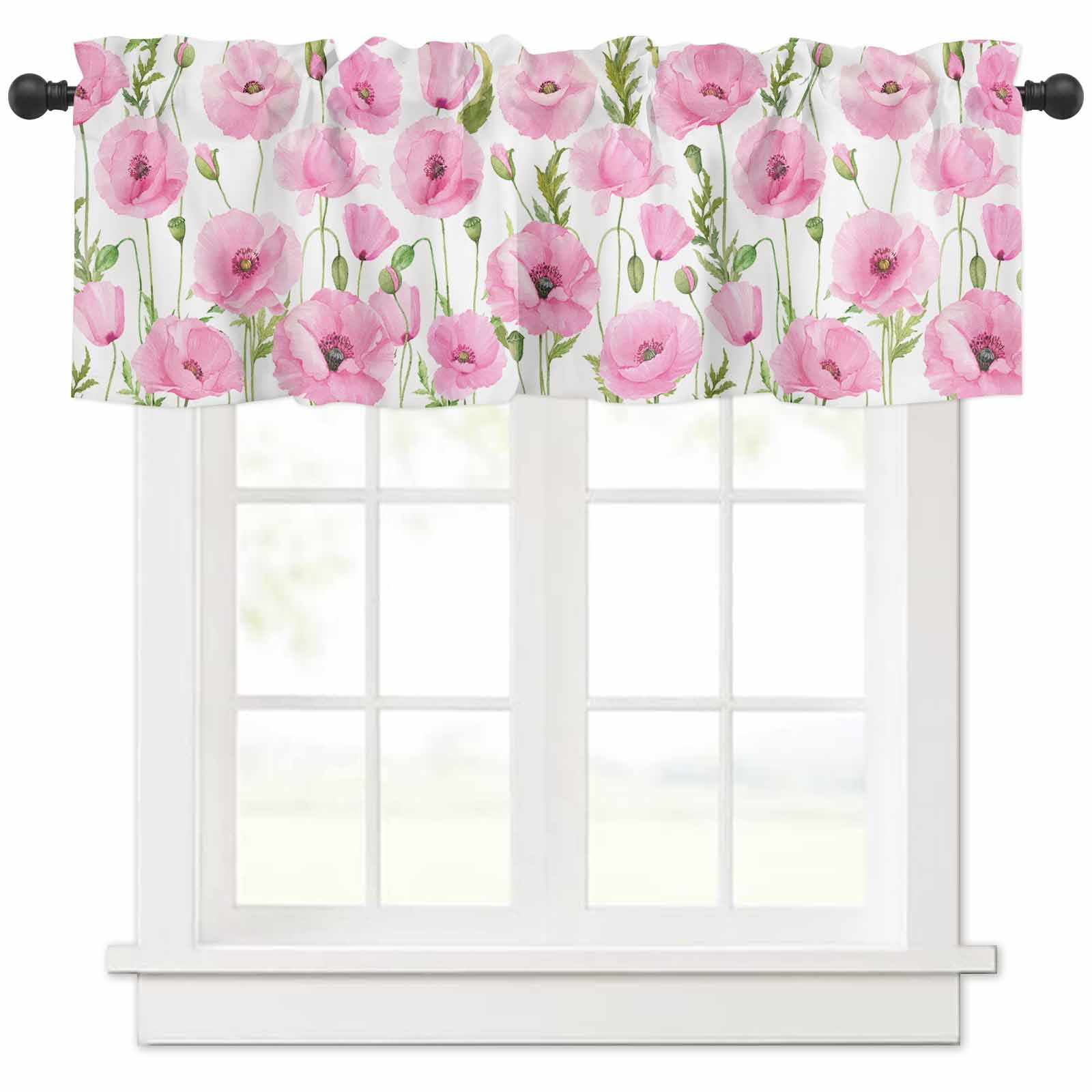 Window Valance for Kitchen,Pink Poppy Floral Blossom White Curtain ...