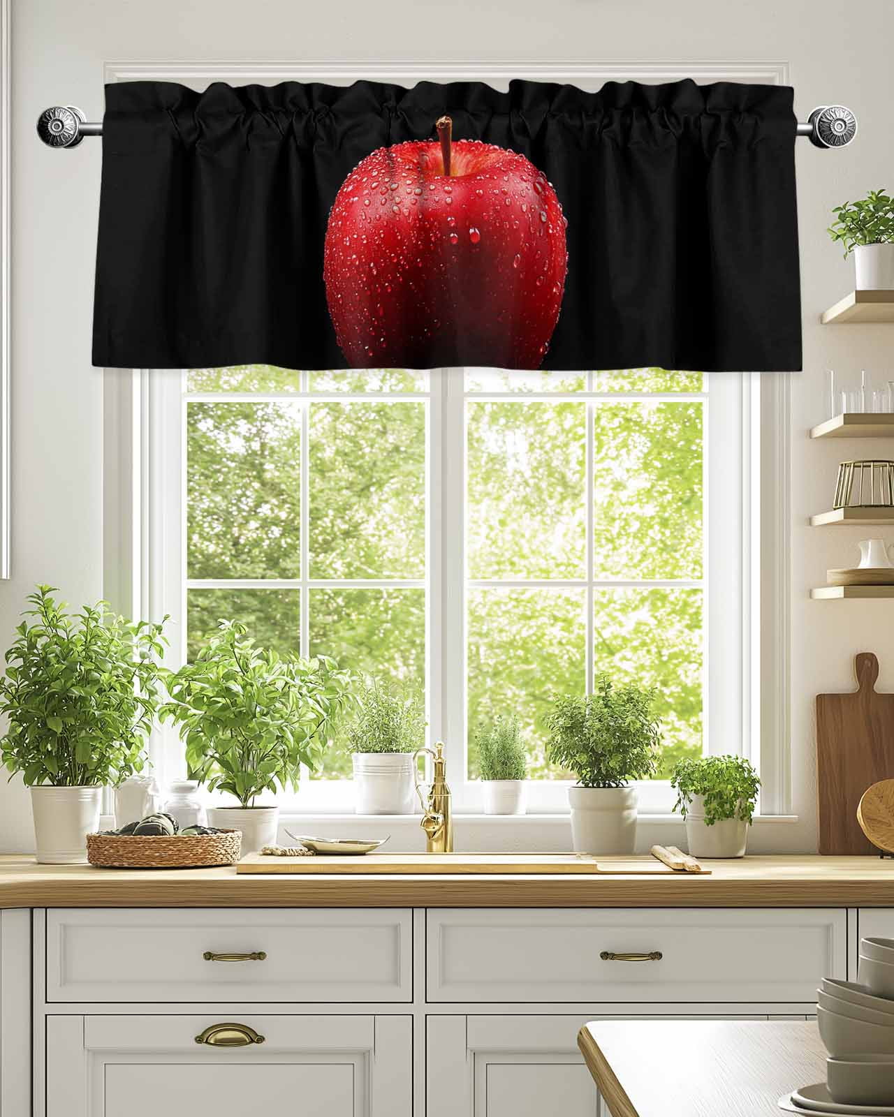 Window Valance for Kitchen, Red Apples on Black Rod Pocket Curtain ...