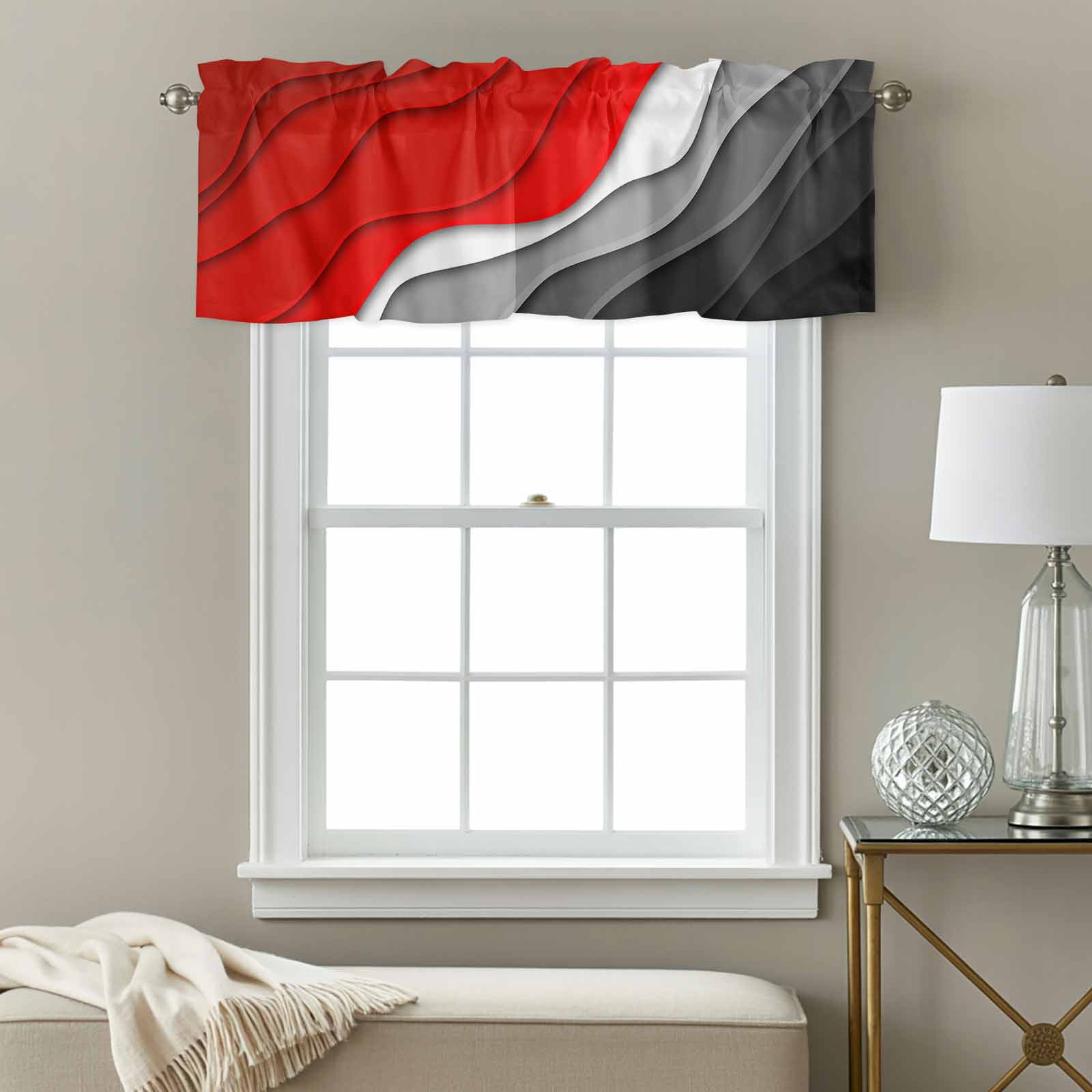Window Valance for Kitchen,Red Black Gradient Line Art Rod Pocket ...