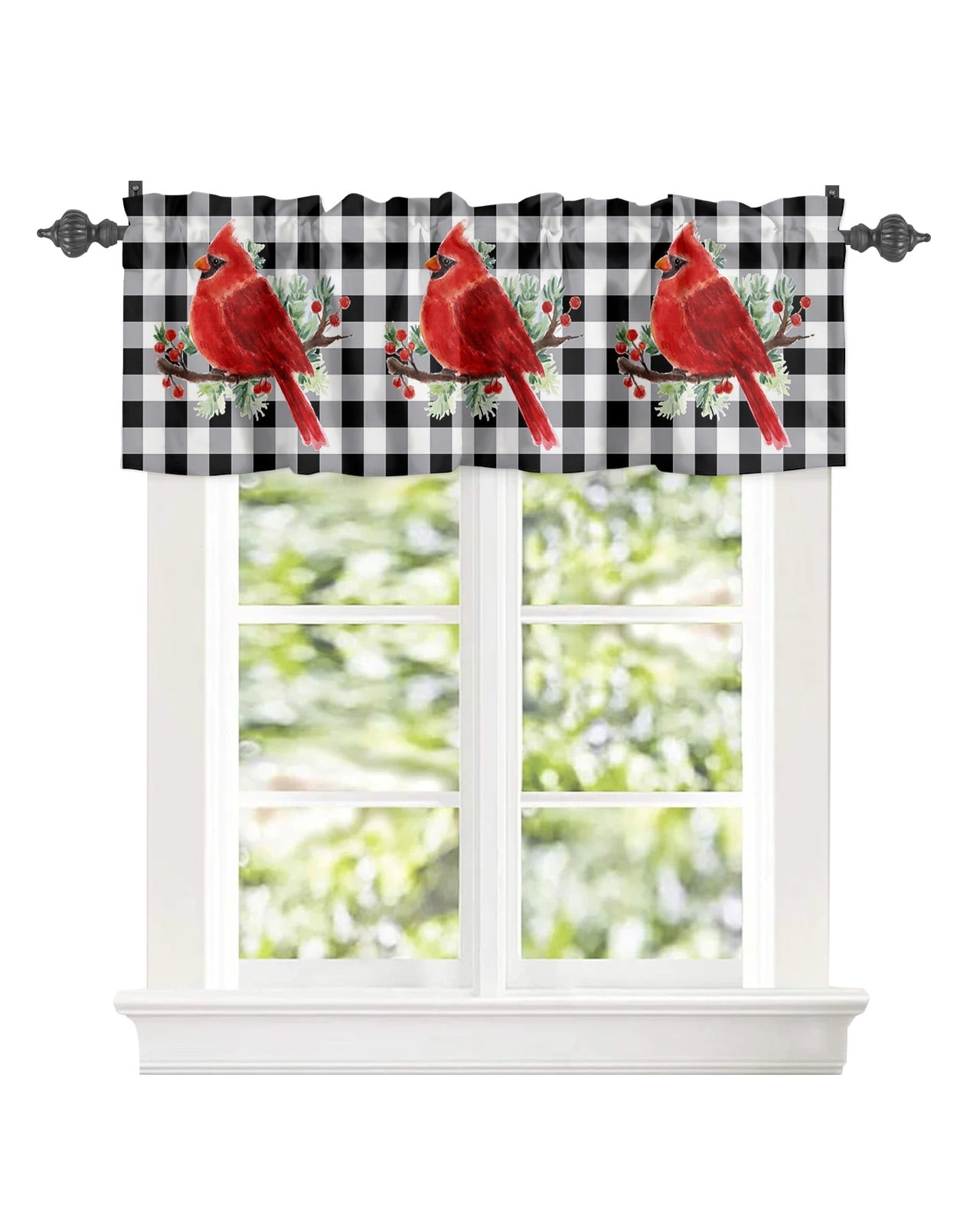 Window Valance for Kitchen,Red Cardinal Birds on Berries Branch Rod ...