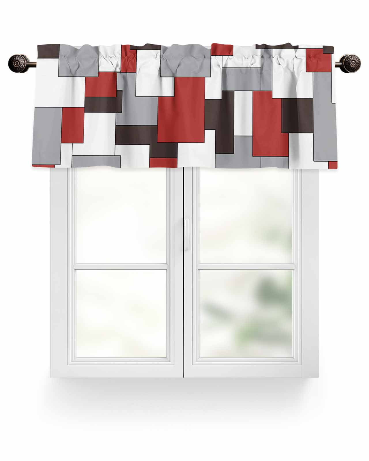 Window Valance for Kitchen, Red Color Block Grey Abstract Geometric Rod ...
