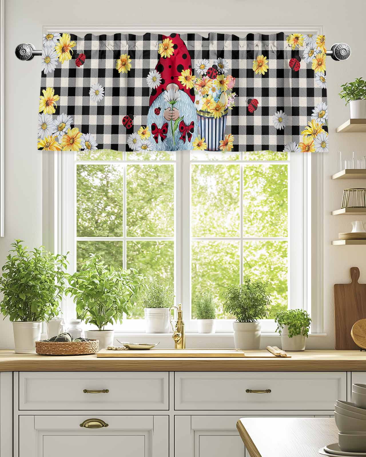 Window Valance for Kitchen, Red Ladybug Gnome Spring Yellow Daisy Rod ...