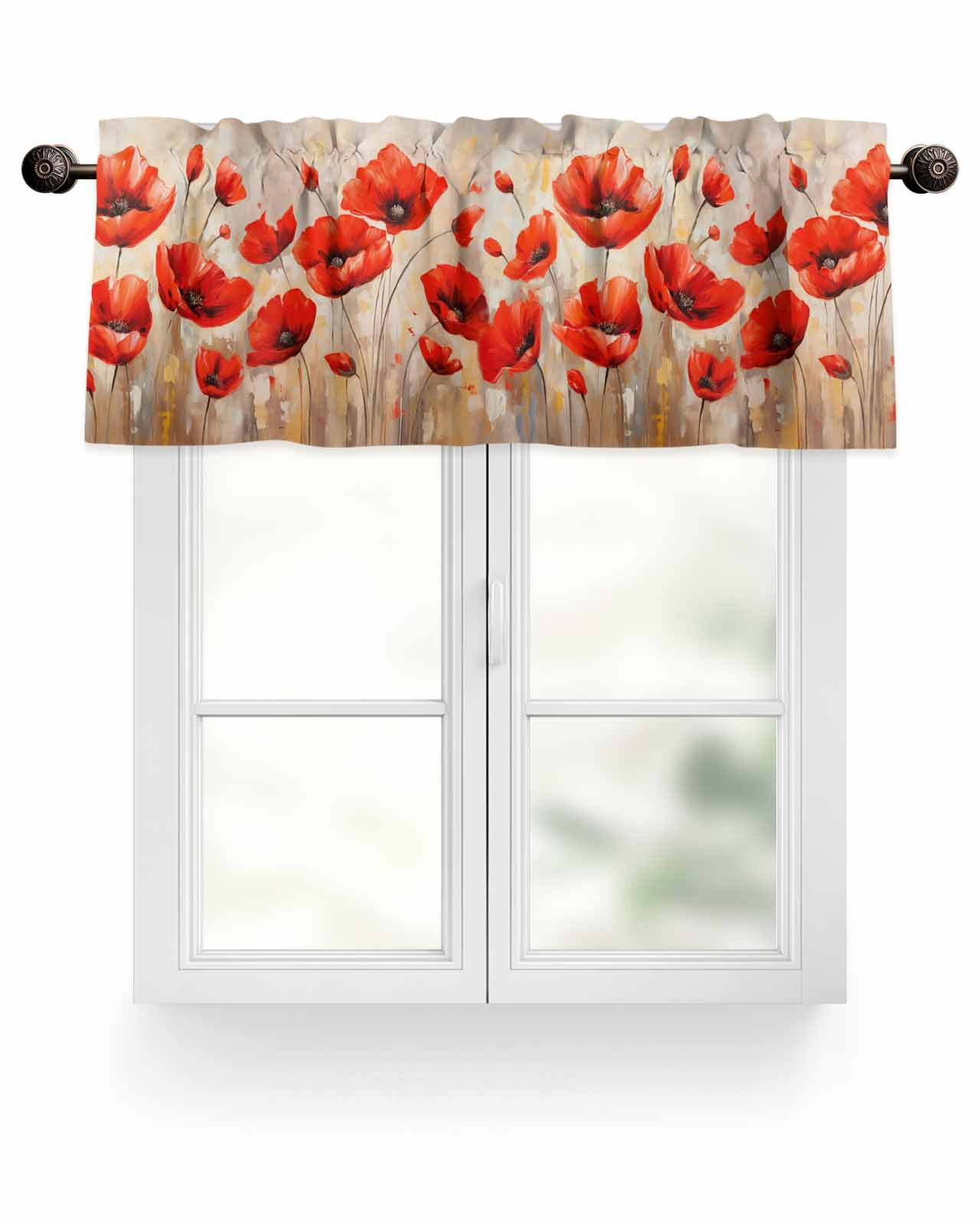 Window Valance for Kitchen, Red Poppy Flower Watercolor Rod Pocket ...