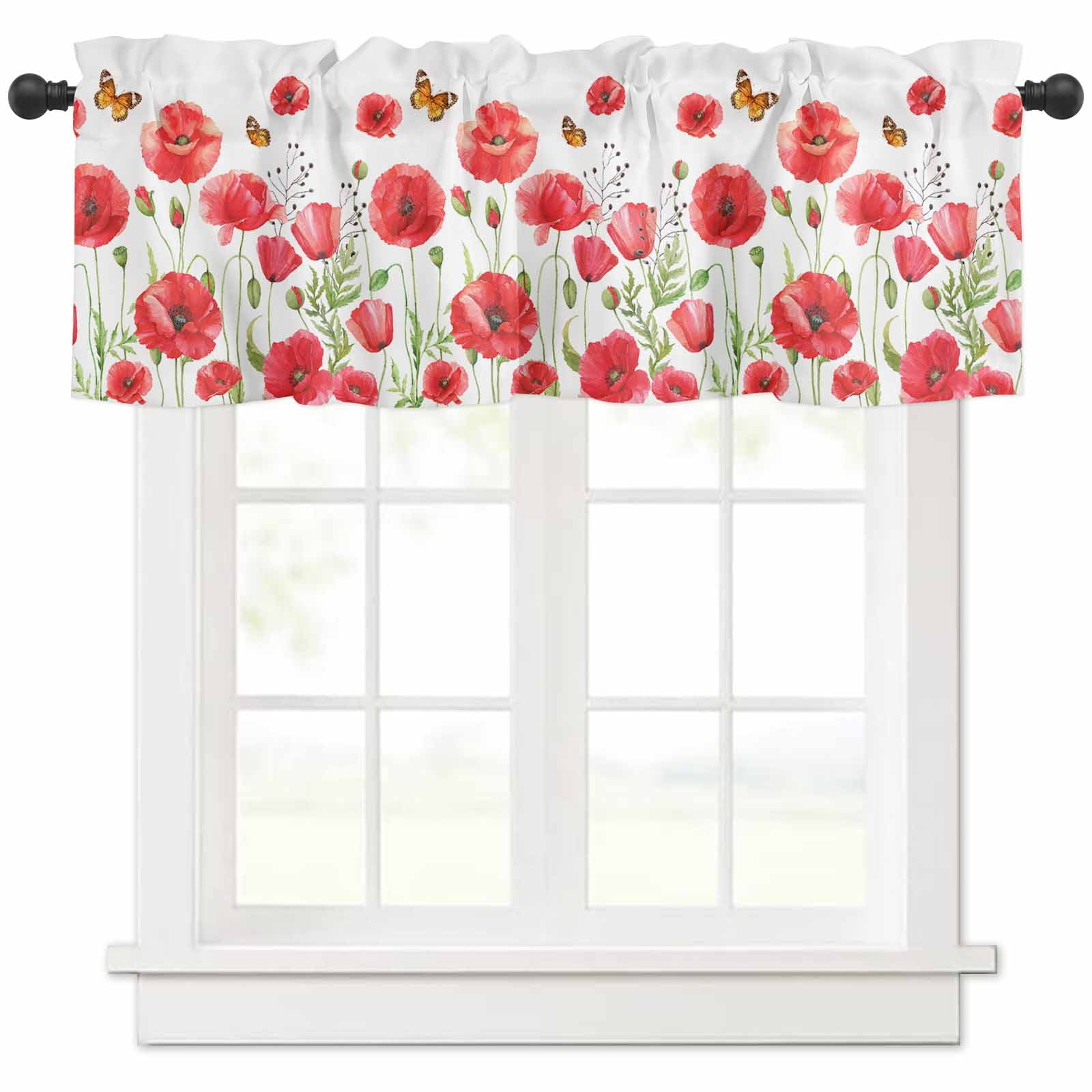 Window Valance for Kitchen,Red Retro Watercolor Poppy Flower White ...