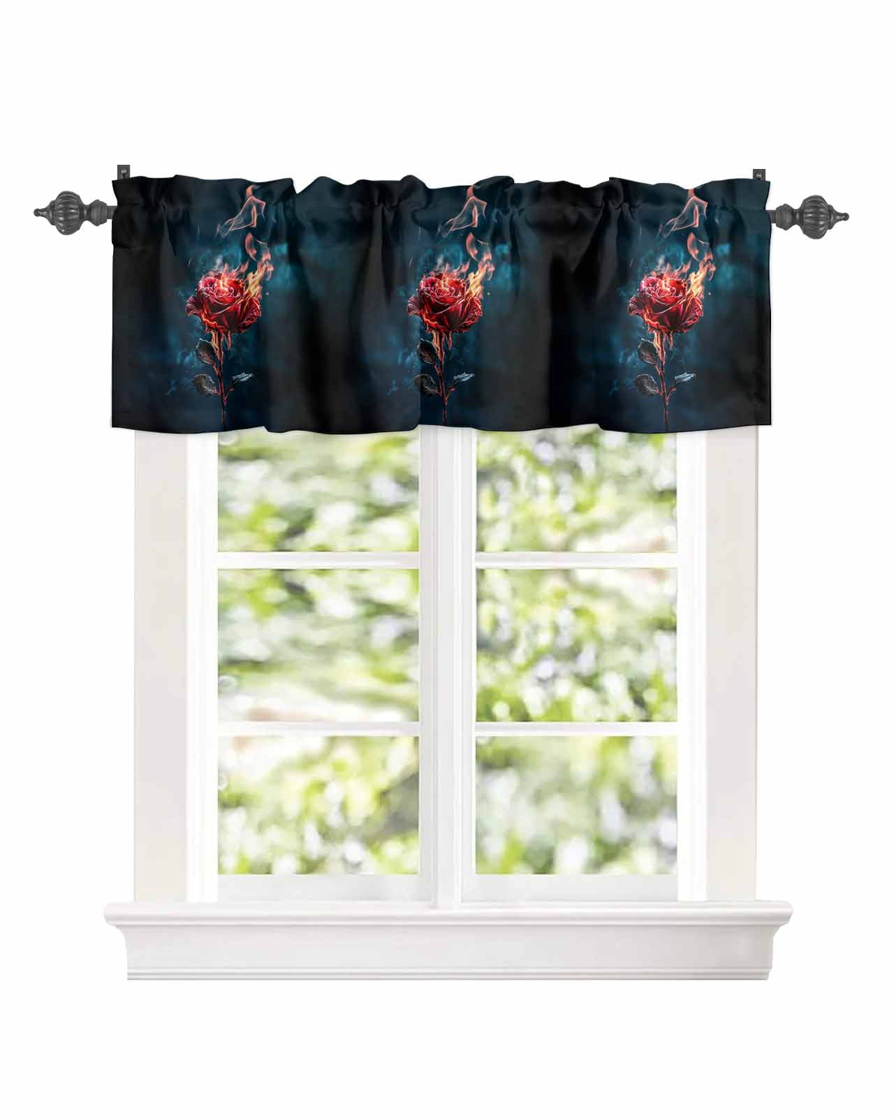 Window Valance for Kitchen,Red Rose Burn Fire on Black Rod Pocket ...