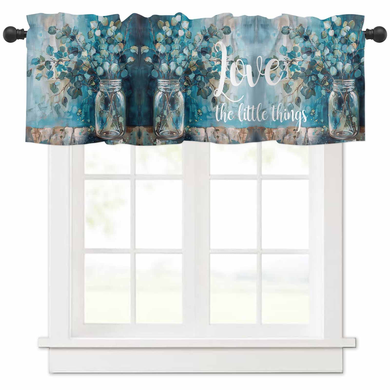 Window Valance for Kitchen,Retro Country Teal Eucalyptus Leaves Vase ...
