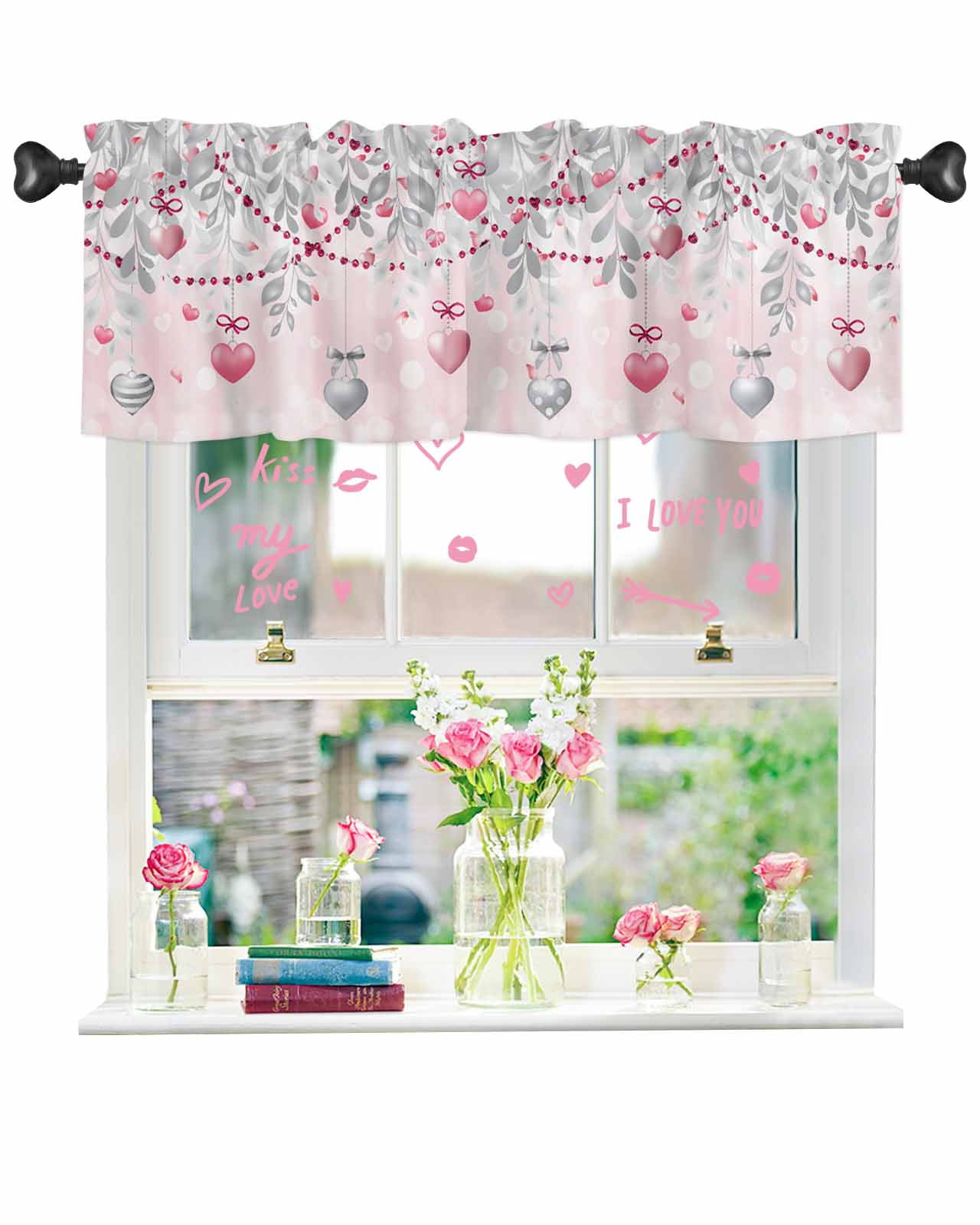 Window Valance for Kitchen,Romantic Valentine's Silver Heart Eucalyptus ...