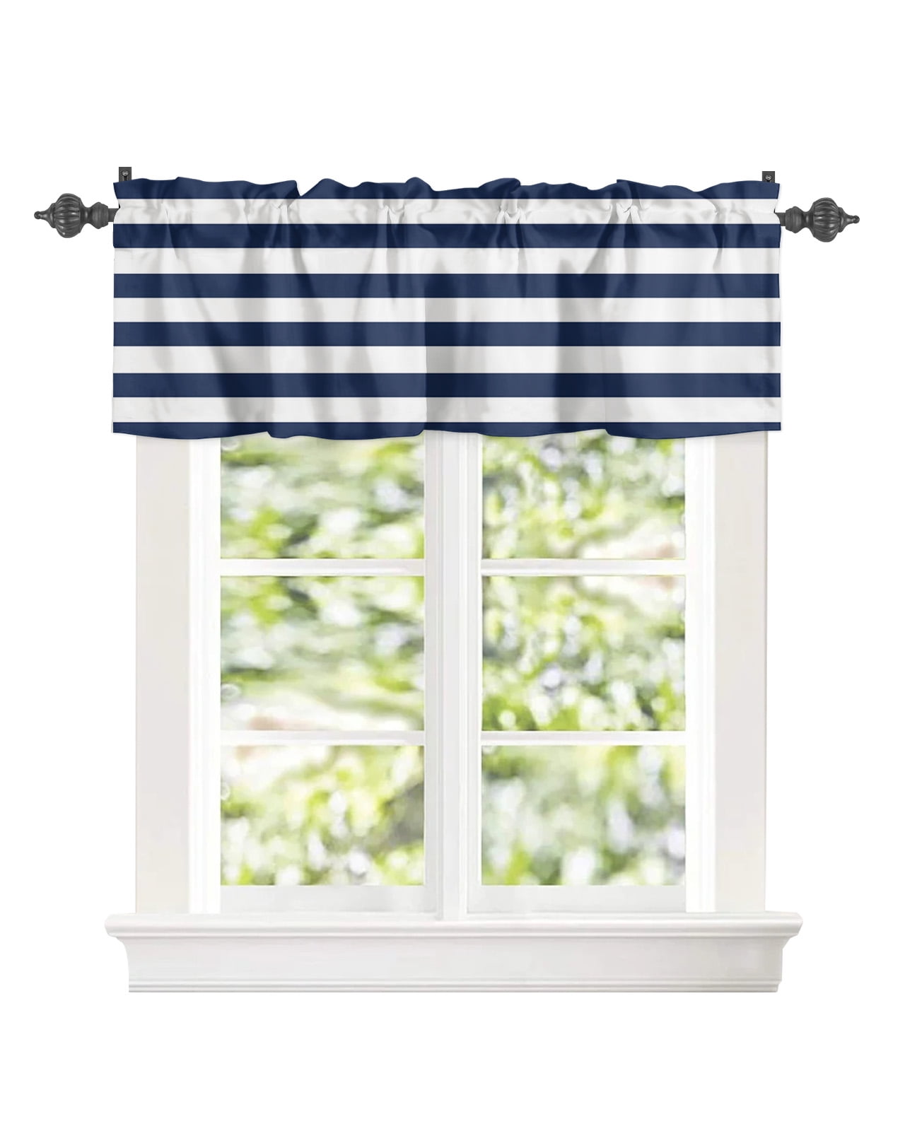 Window Valance for Kitchen,Simple Navy Blue White Stripes Rod Pocket ...
