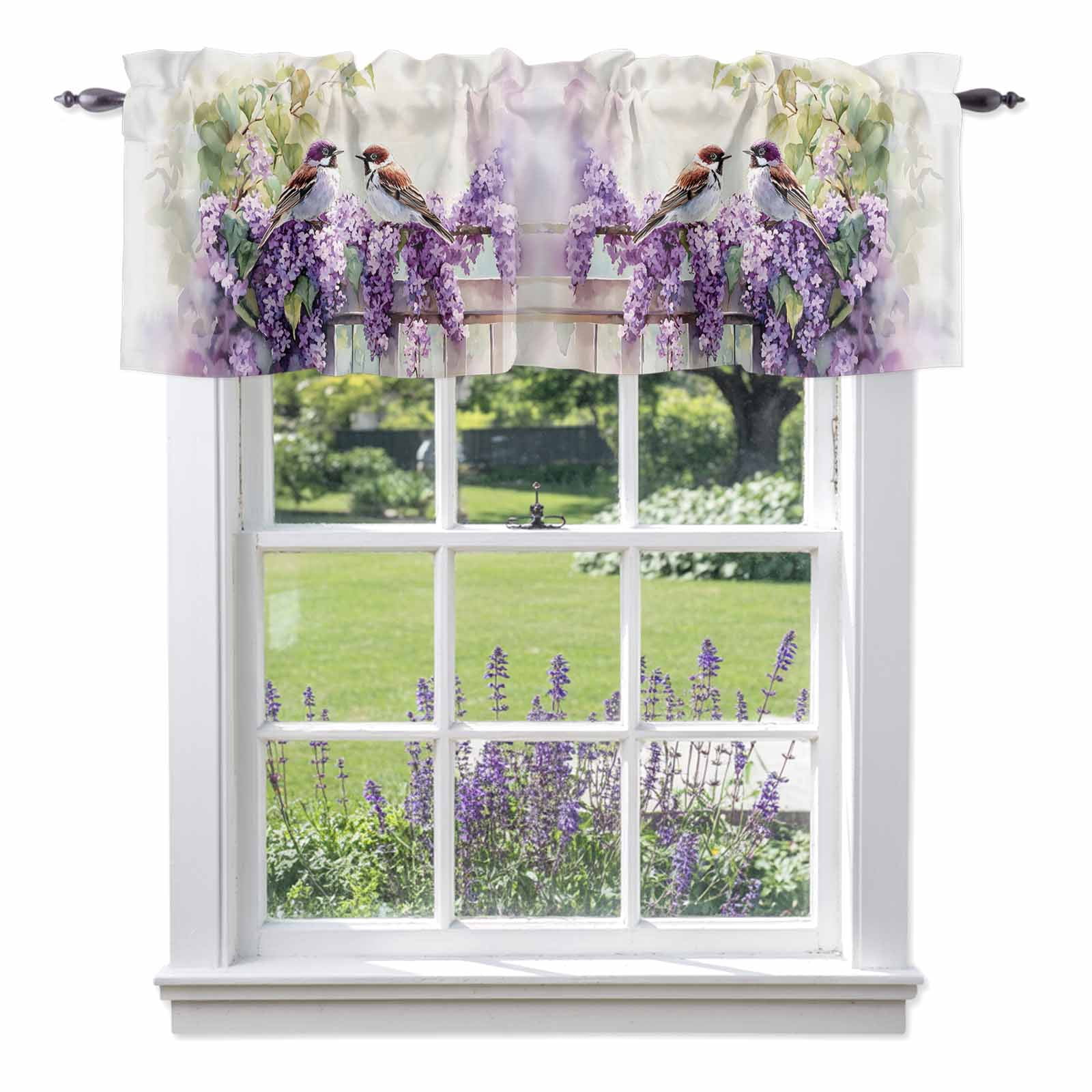 Window Valance for Kitchen, Sparrow Bird Purple Lavender Rod Pocket ...