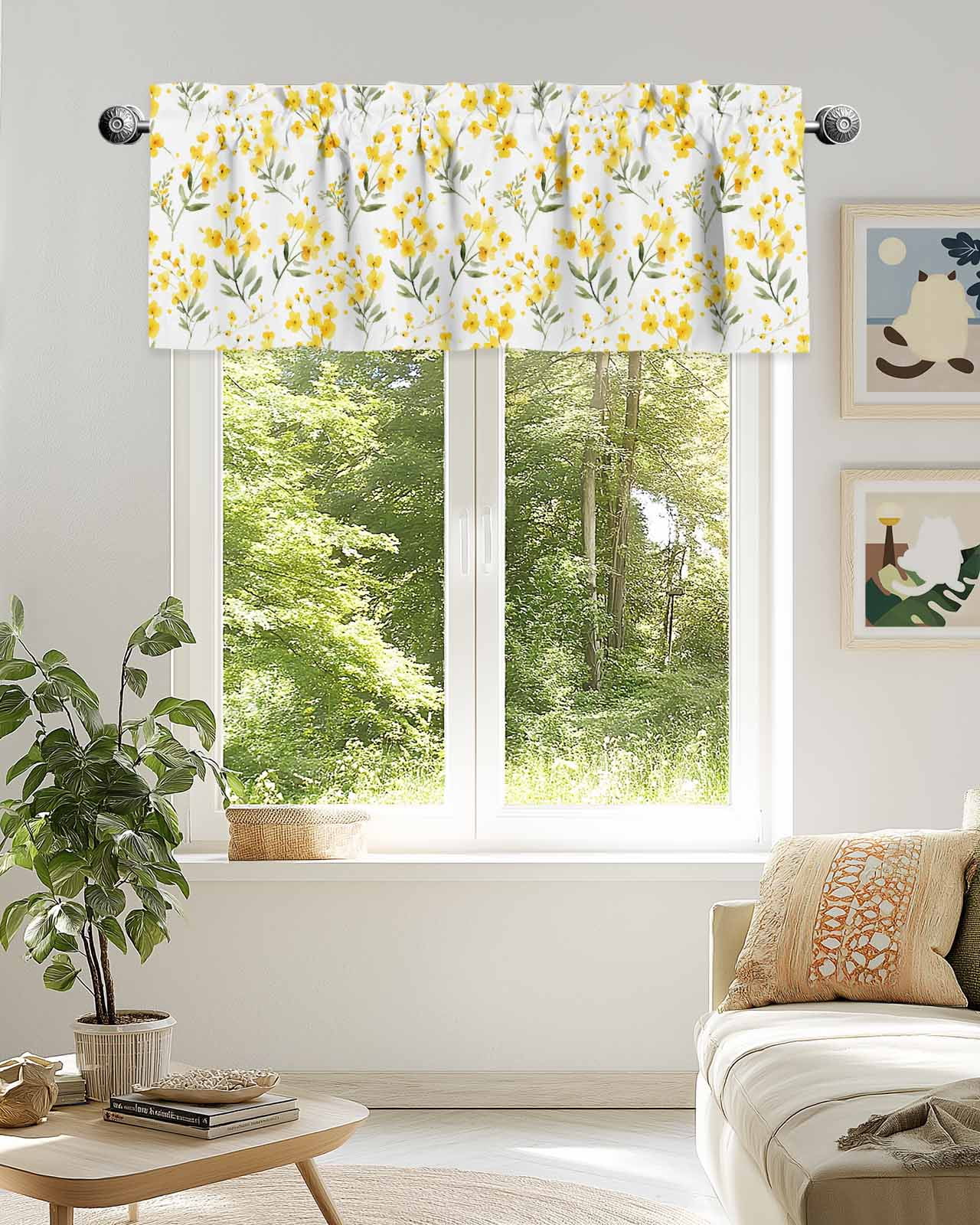 Window Valance for Kitchen, Spring Floral Yellow Wildflowers Rod Pocket ...