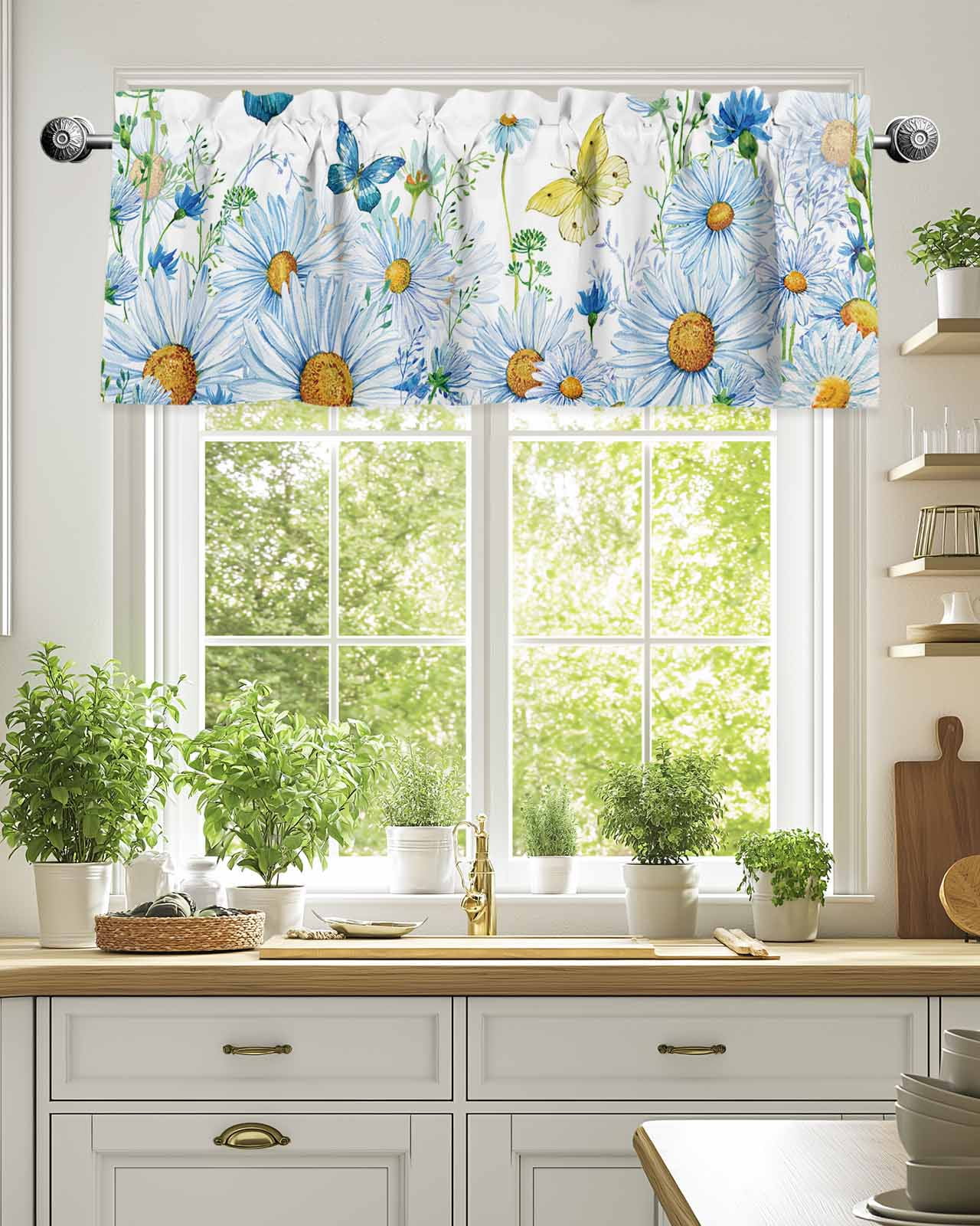 Window Valance for Kitchen, Spring Flower Daisy Butterfly Rod Pocket ...