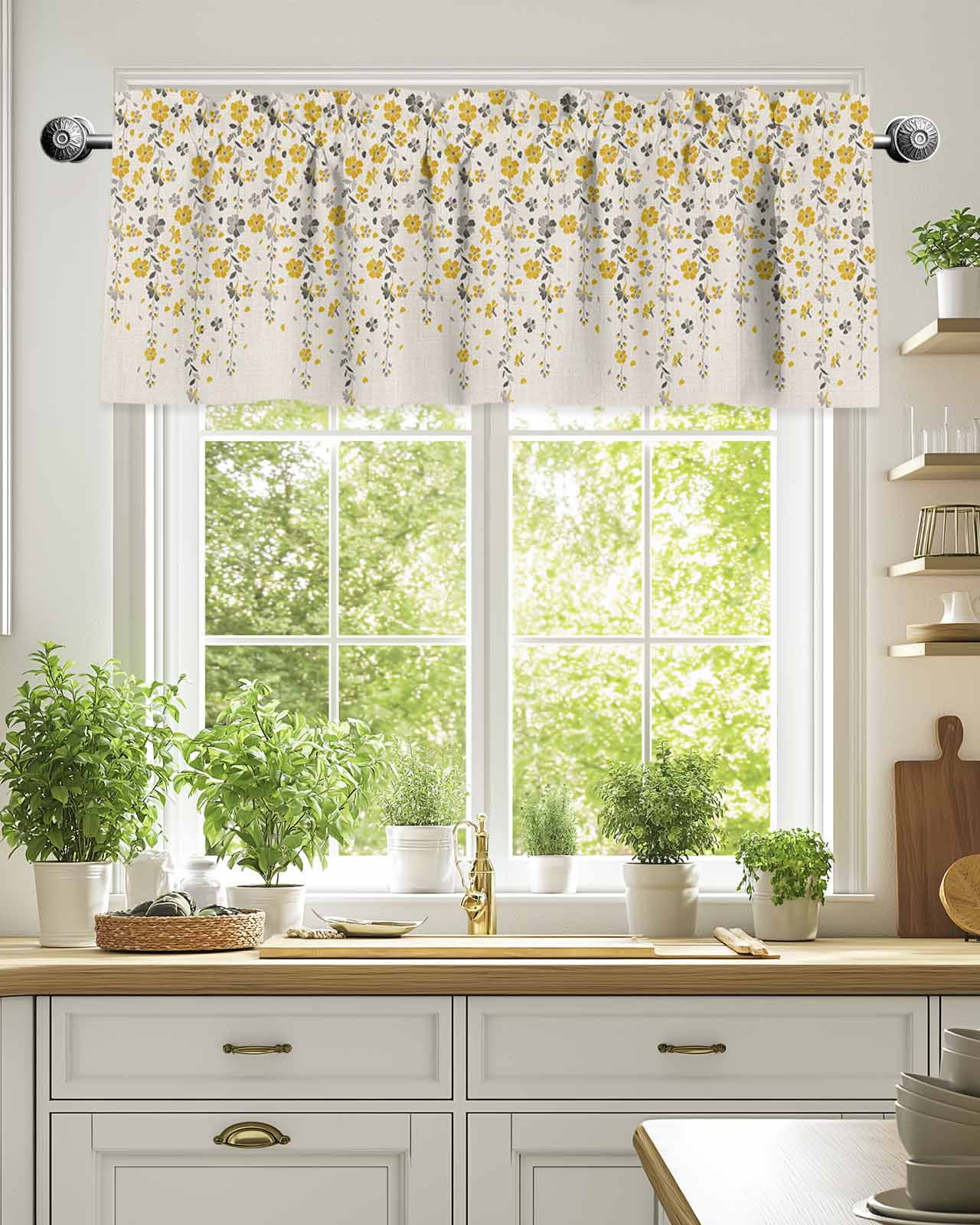 Curtain Valance for Windows,Spring Flower Vines Retro Linen Kitchen ...