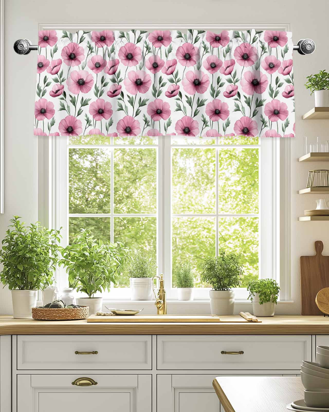 Window Valance for Kitchen, Spring Pink Flower Poppy Rod Pocket Curtain ...