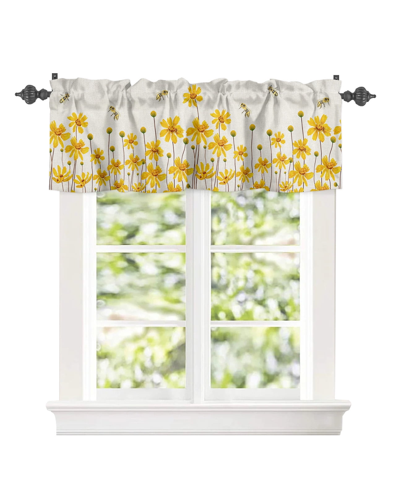 Window Valance for Kitchen,Spring Summer Yellow Flowers Bee Rod Pocket ...