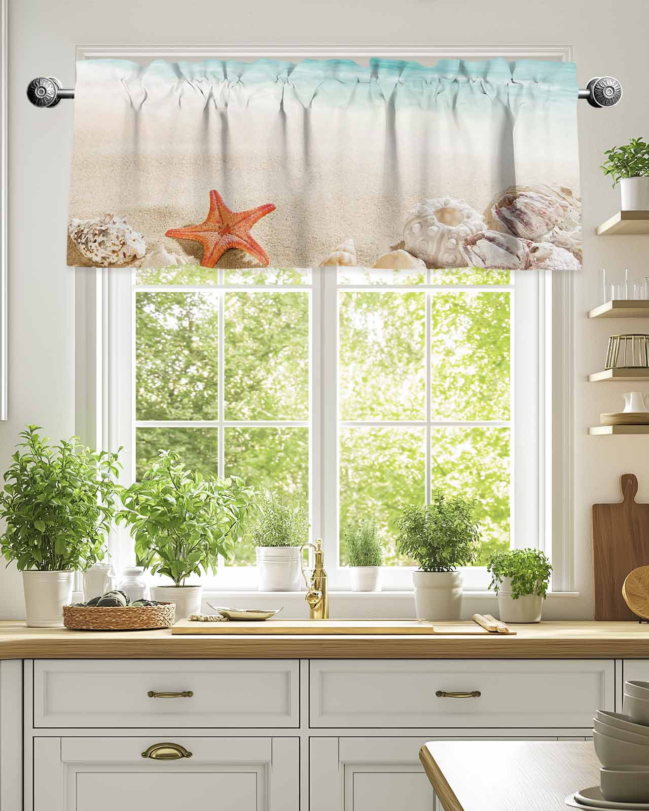 Window Valance for Kitchen, Summer Ocean Beach Starfish Conch Rod ...