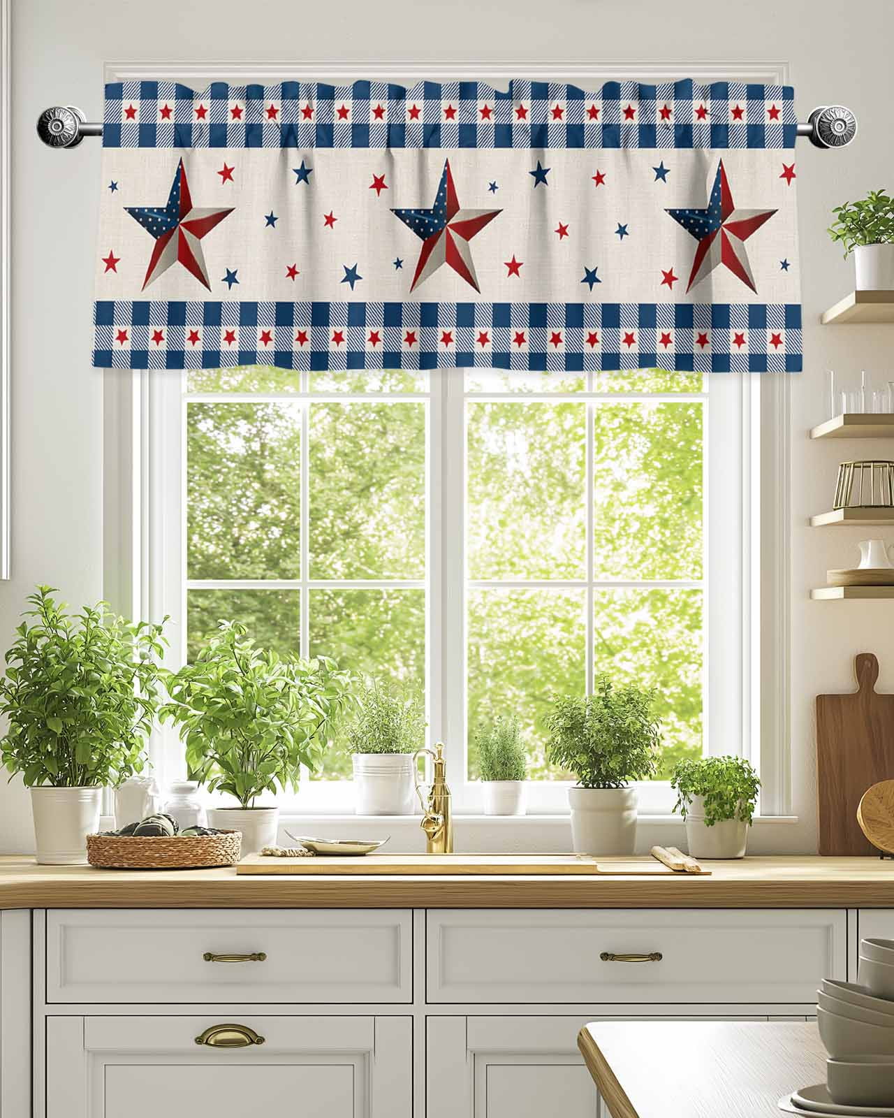 Window Valance for Kitchen, USA Flag Star Independence Day Blue Check ...