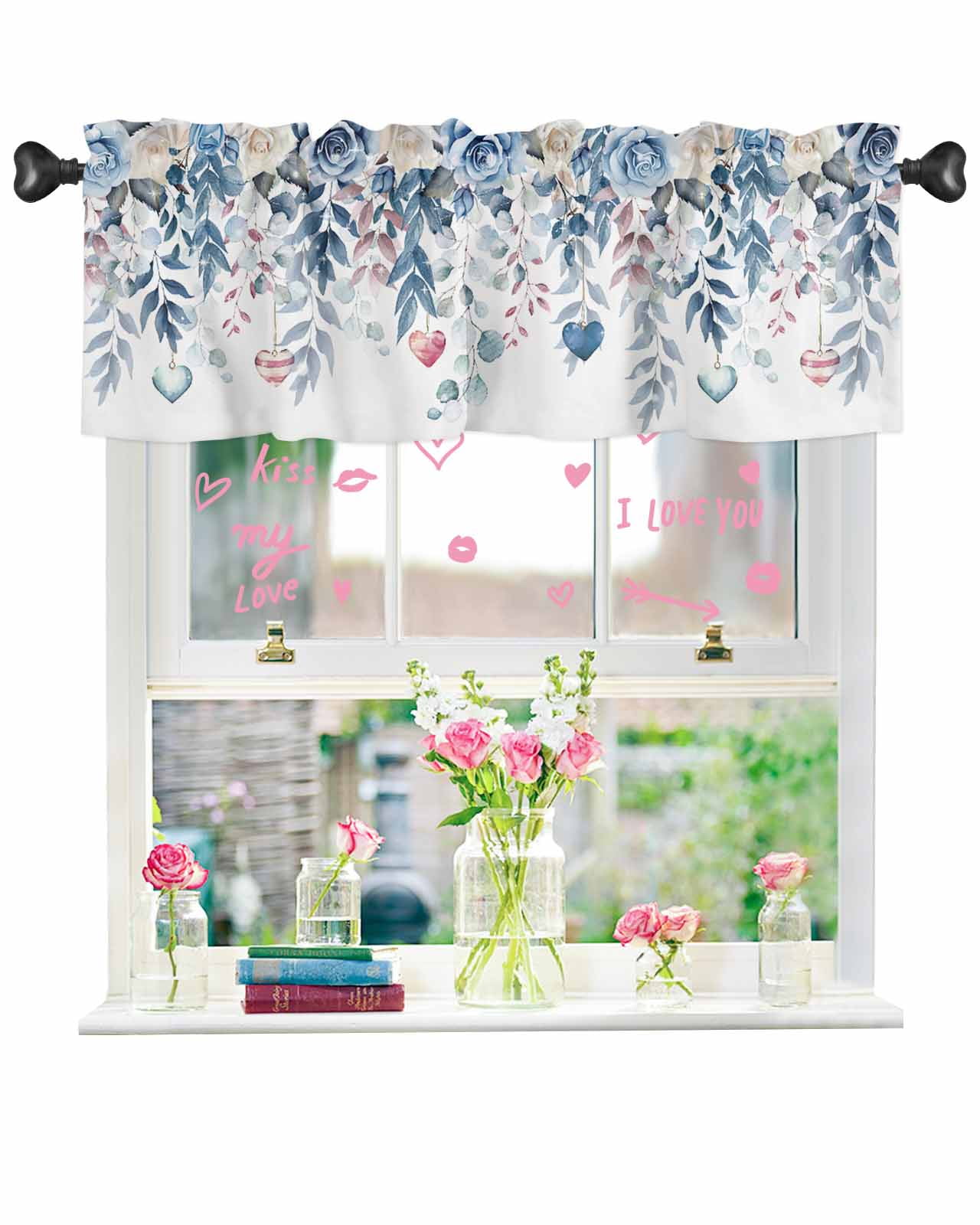 Window Valance for Kitchen,Valentine's Blue Rose Eucalyptus Leaves on ...