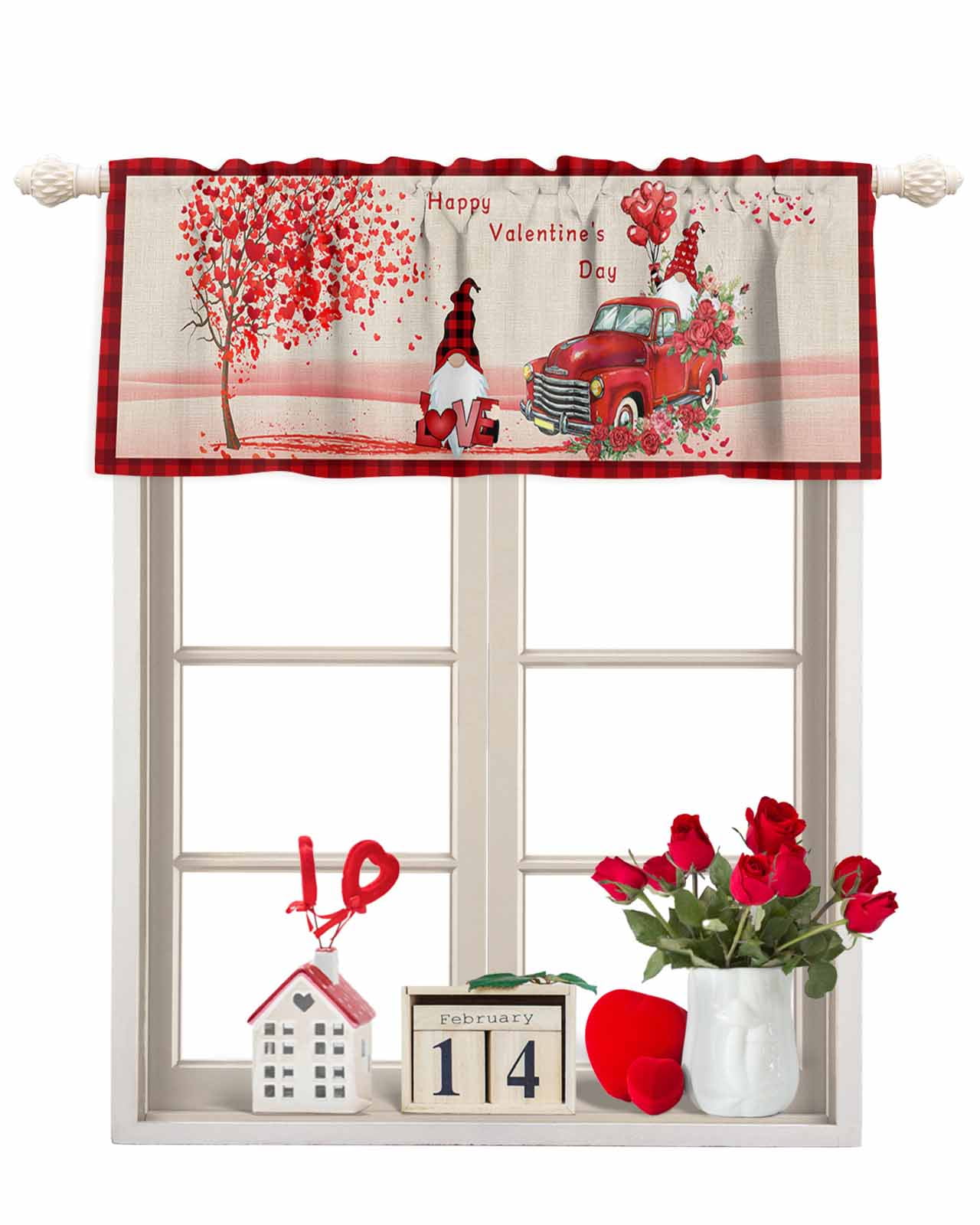 Window Valance for Kitchen, Valentine's Day Red Rose Flower Love Tree ...