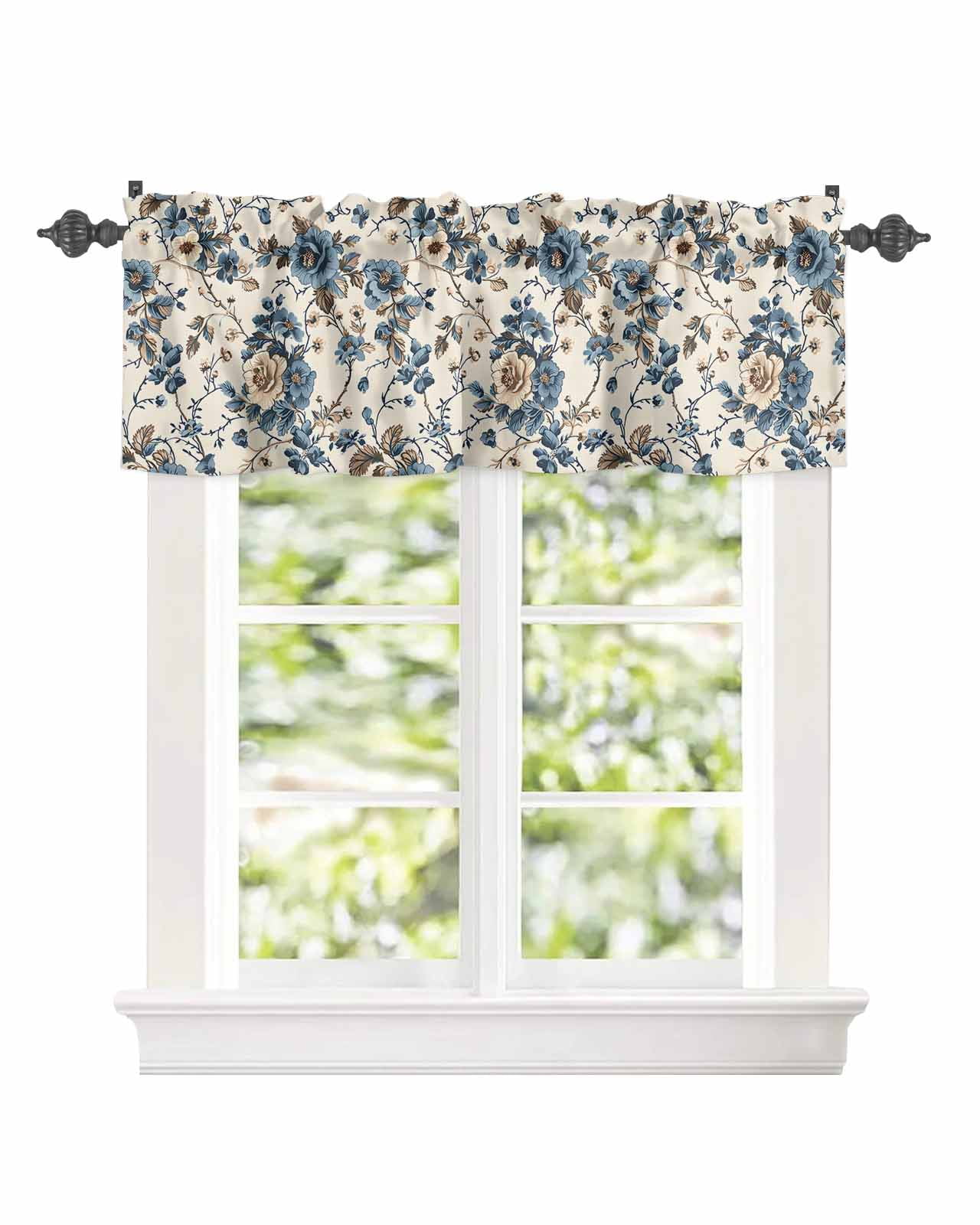 Window Valance for Kitchen,Vintage Farmhouse Blue Floral Flowers on ...