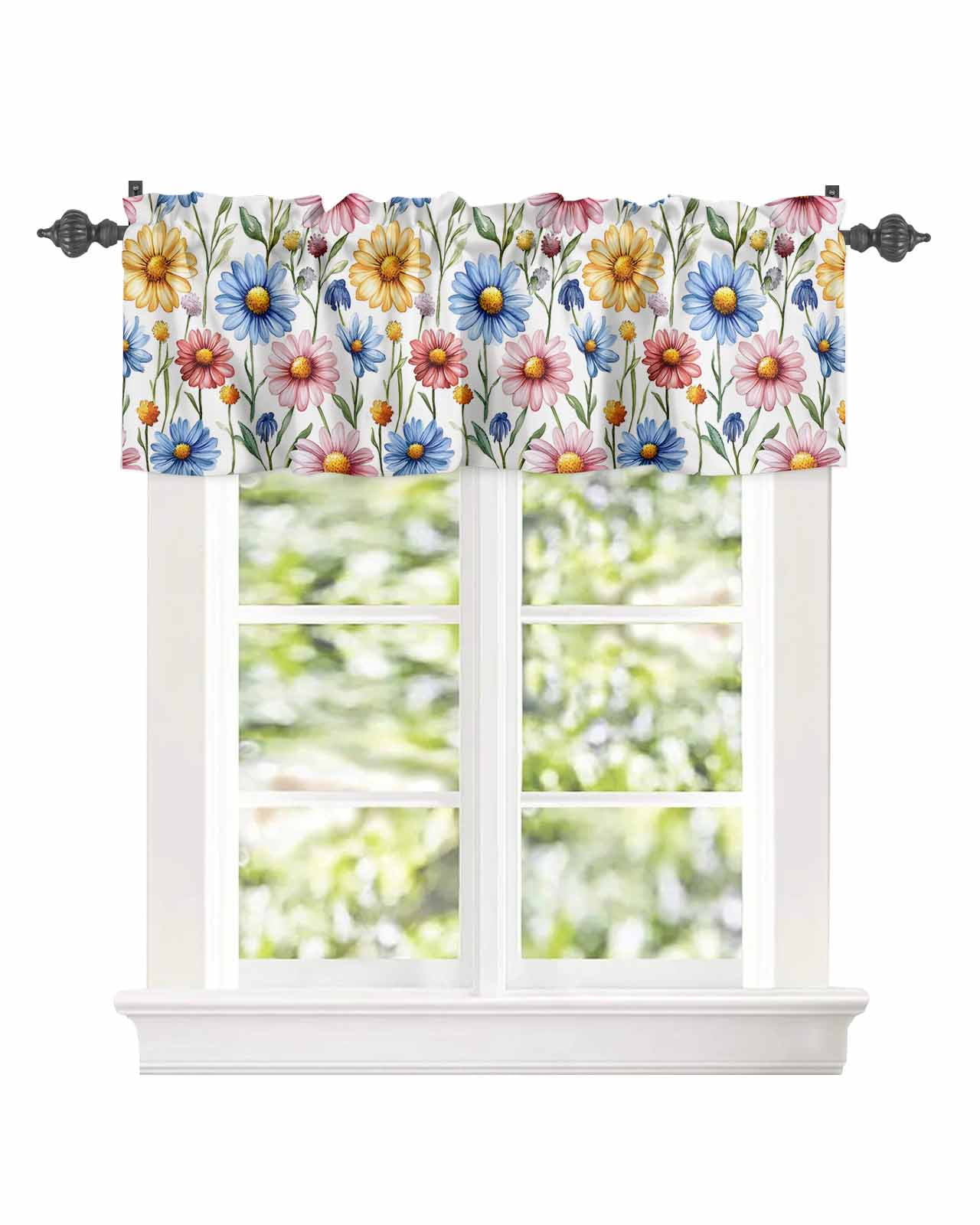 Window Valance for Kitchen,Watercolor Daisy Colorful Flowers on White ...