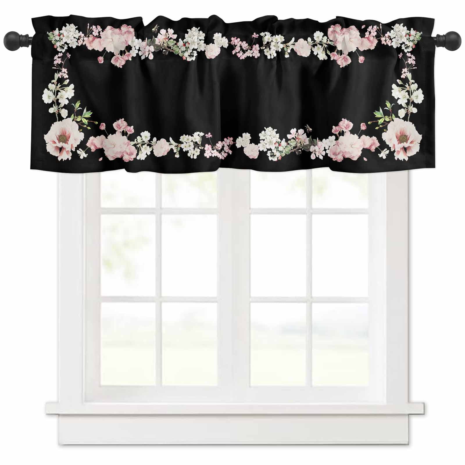 Window Valance for Kitchen,Watercolor Floral Blossom Frame Black ...