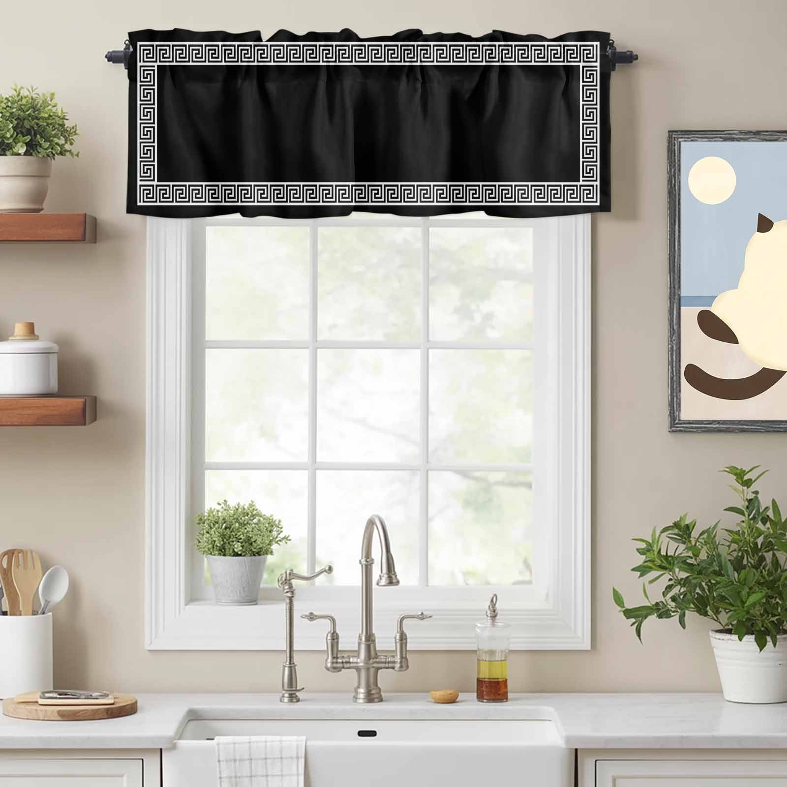 Window Valance for Kitchen,White Simple Geometric Pattern Rod Pocket ...