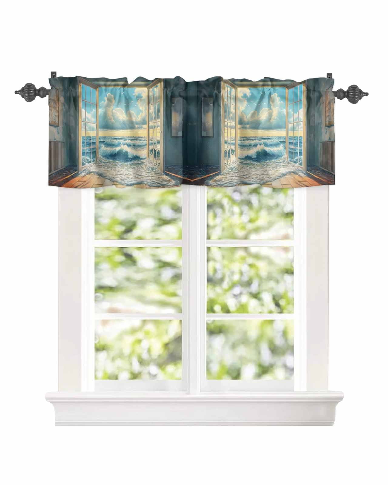 Window Valance for Kitchen,Window Scenery Blue Sky Seaside Ocean Wave ...