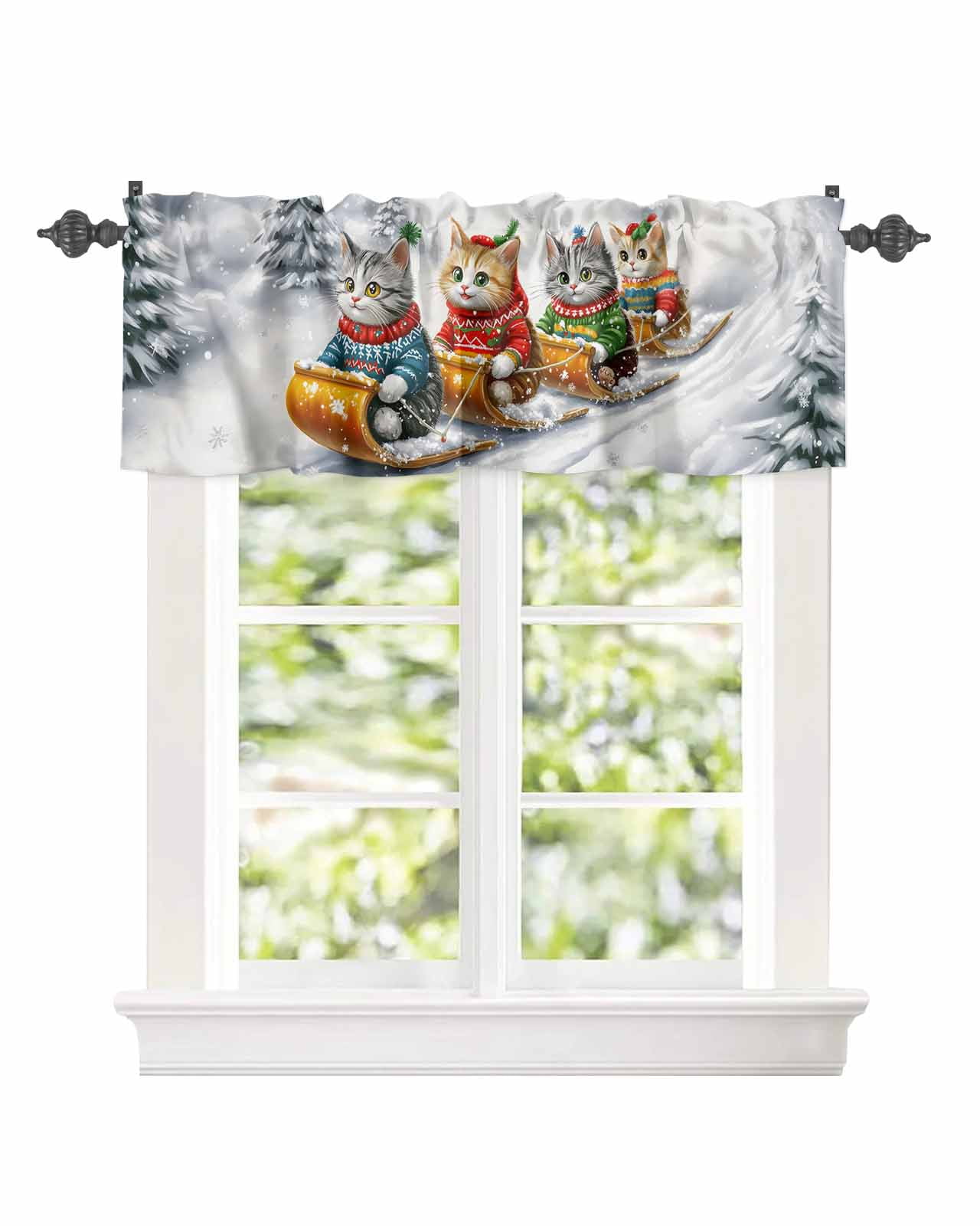 Window Valance for Kitchen,Winter Christmas Cat Sleigh Snow Scene Rod ...