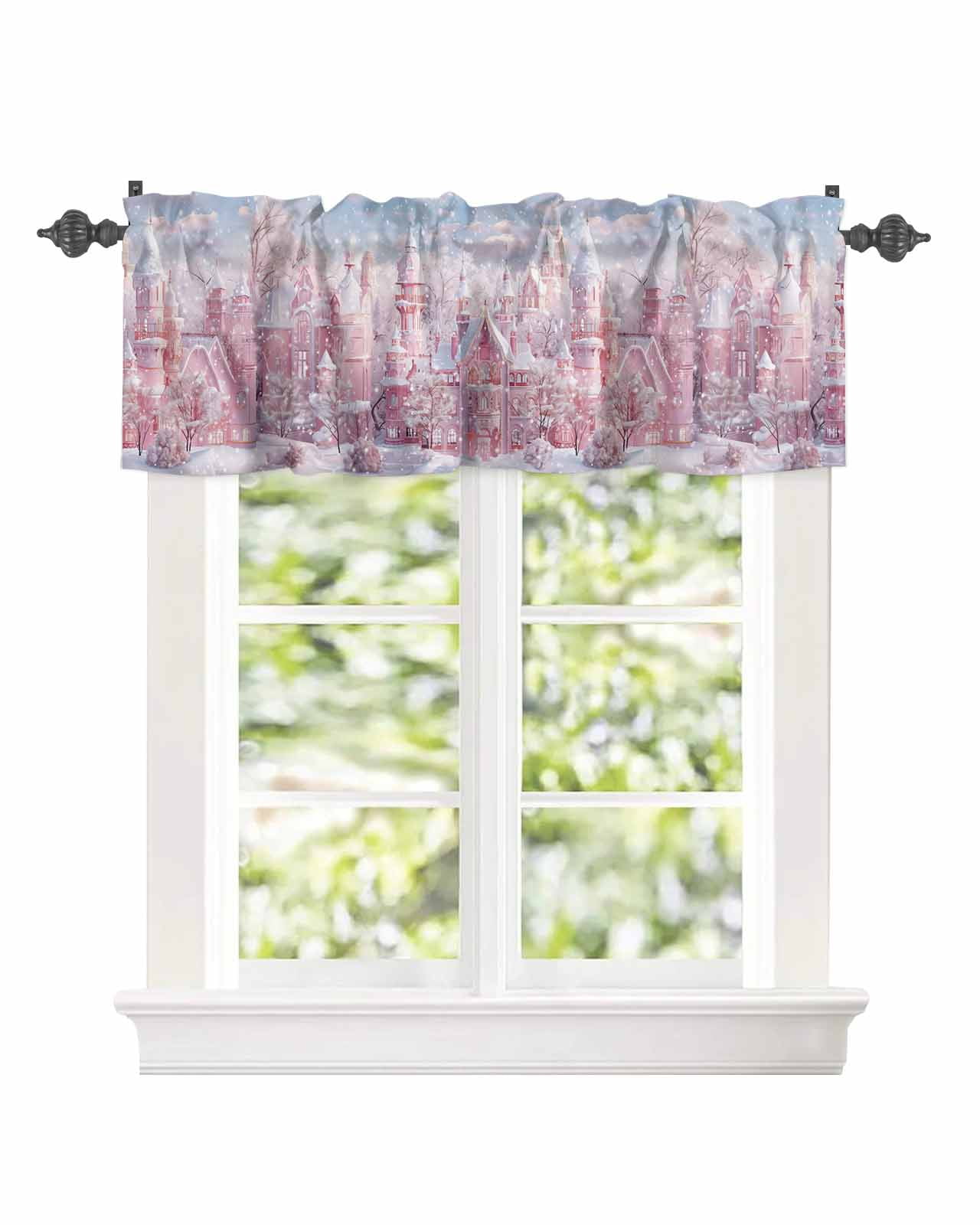 Window Valance for Kitchen,Winter Snow Scene Christmas Town on Pink Rod ...