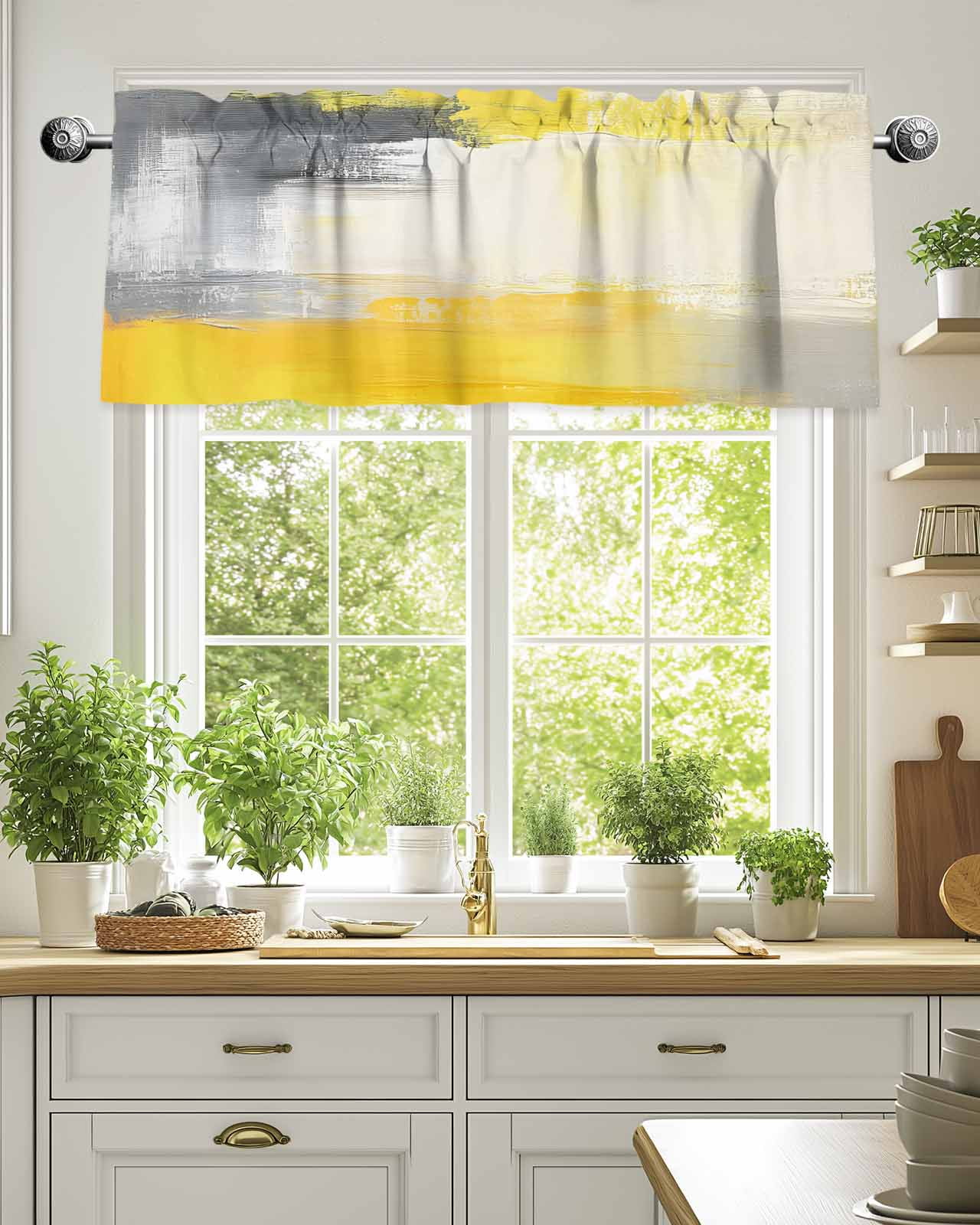 Window Valance for Kitchen, Yellow Watercolor Oil Painting Style Rod ...