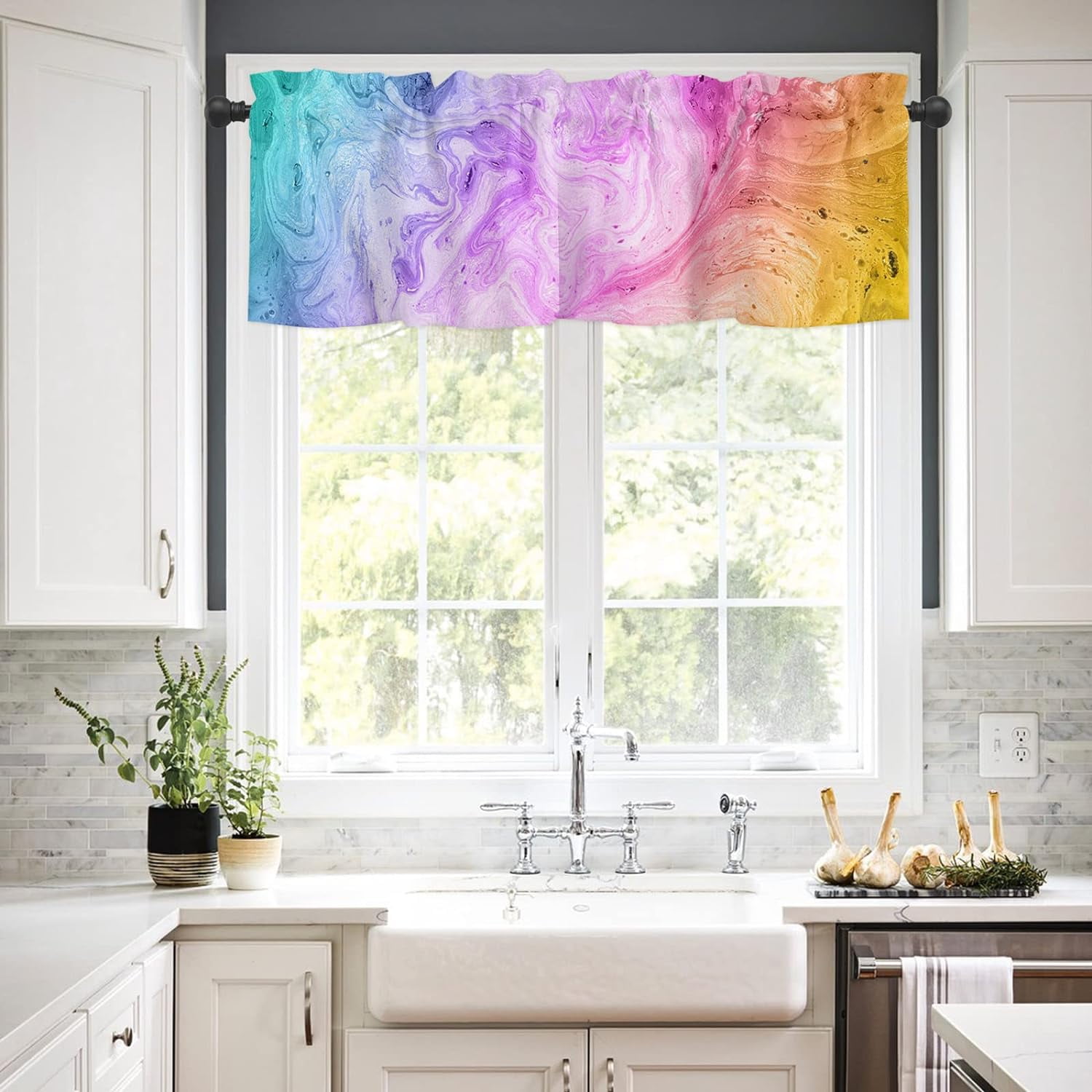Window Valance Rainbow Color Marble Texture Rod Pocket Valances Panel ...
