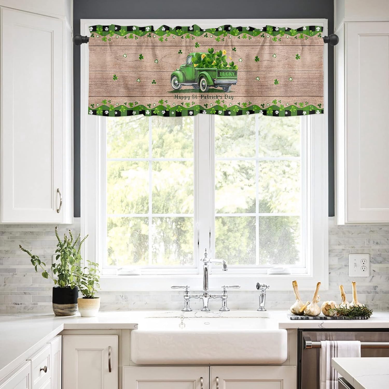Window Valances Kitchen Short Curtains St. Patrick''s Day Green Truck ...