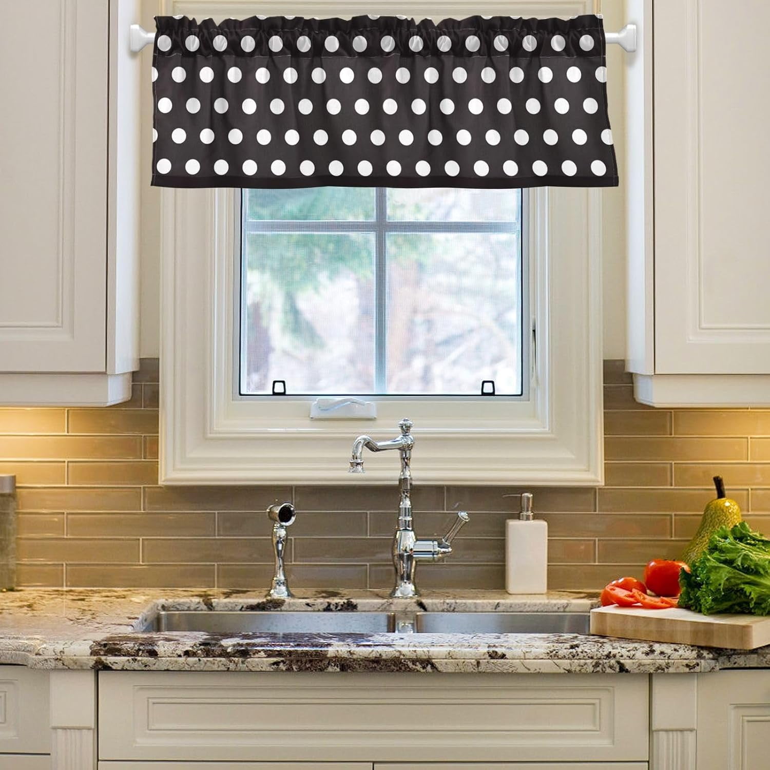 Window Valances White Polka Dot Black Rod Pocket Valances for Kitchen ...