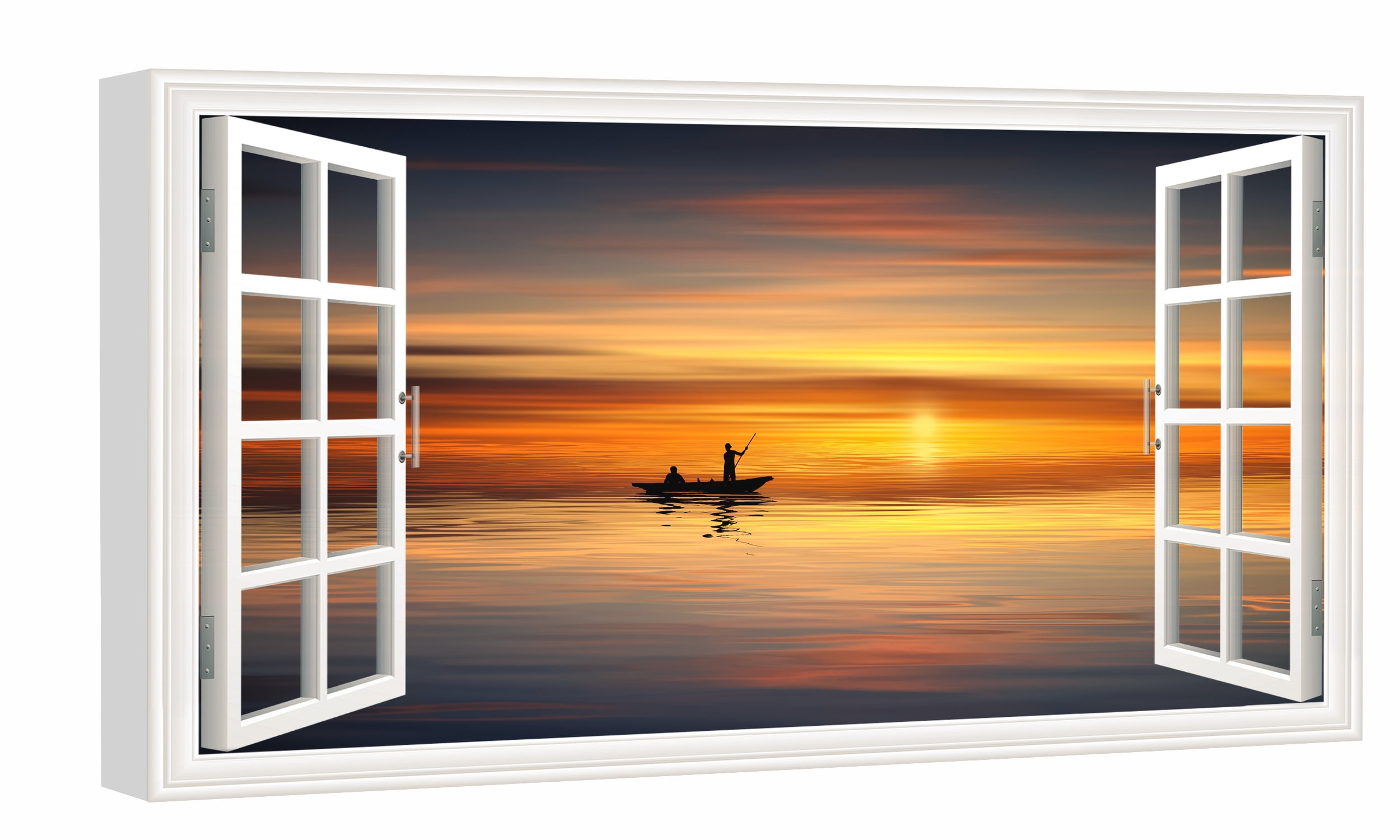 Window View of Boat Ocean Sunset Landscape Canvs Art Fake Open Window ...