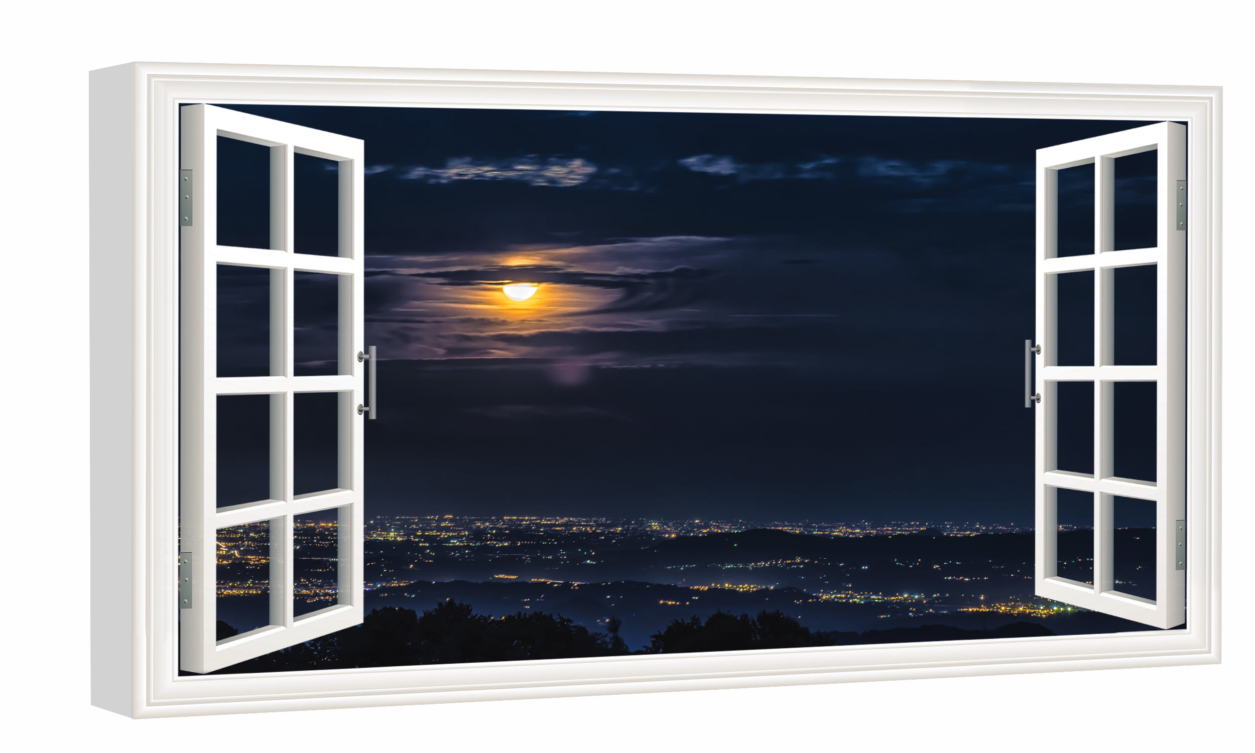Window View of Moon Clouds Night City View Canvs Art Fake Open Window ...