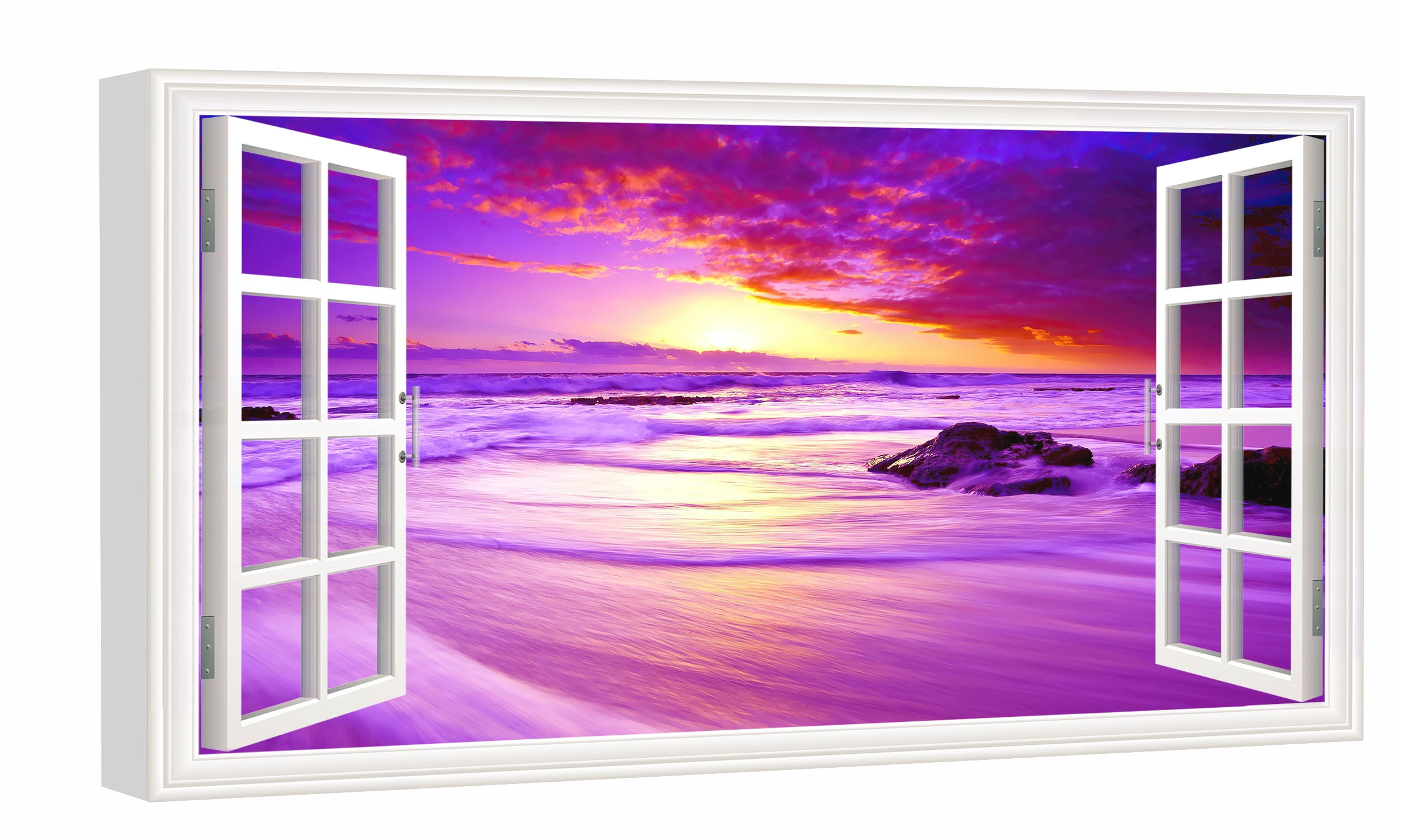 Window View of Purple Beach Sunset Canvs Art Fake Open Window Wall Art ...
