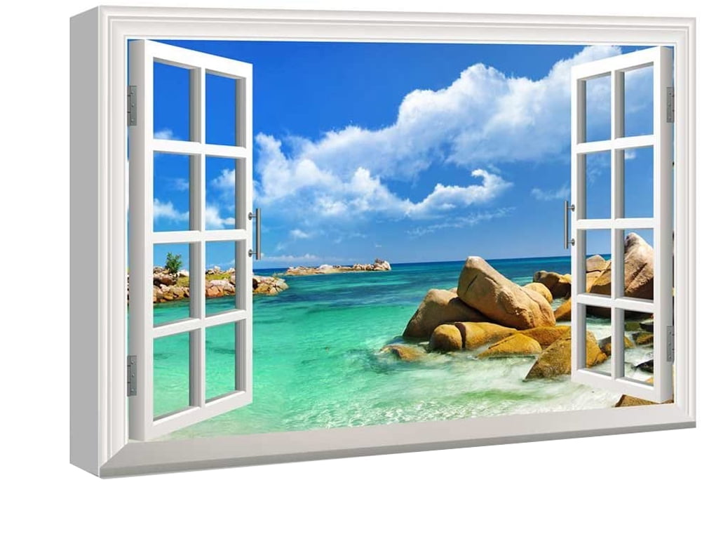 Window View Wall Art 3D Creative Beach Picture Gallary Wrapped Canvas ...