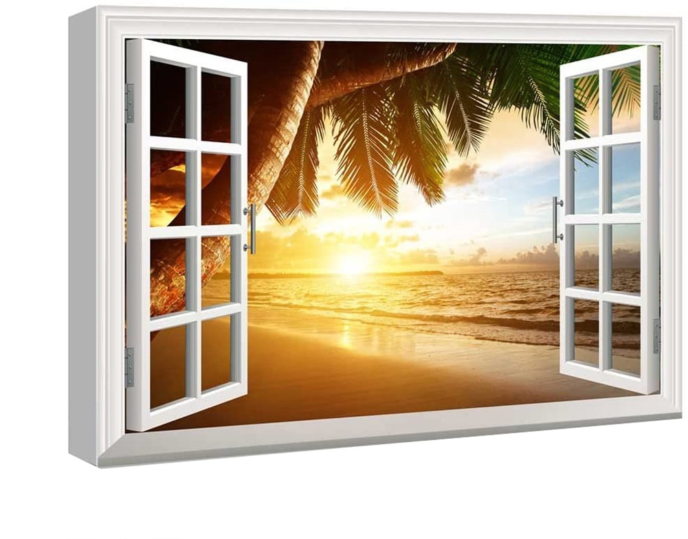Window View Wall Art 3D Creative Beach Sunset Picture Gallary Wrapped ...