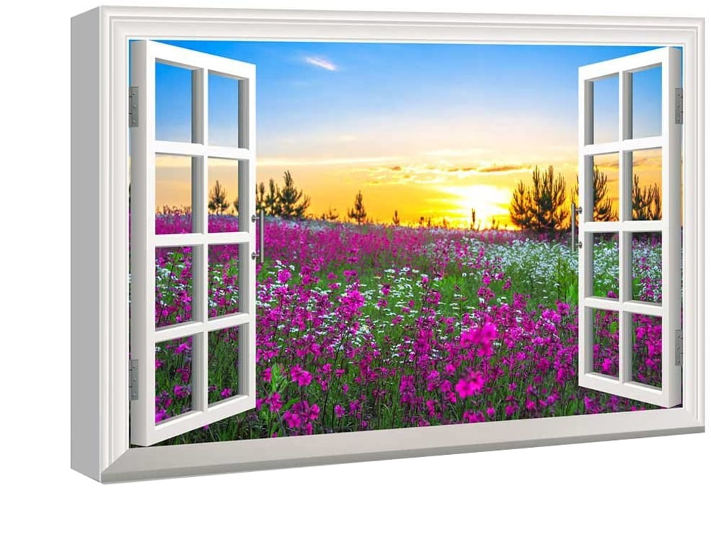Window View Wall Art 3D Creative Flower Picture Gallary Wrapped Canvas ...