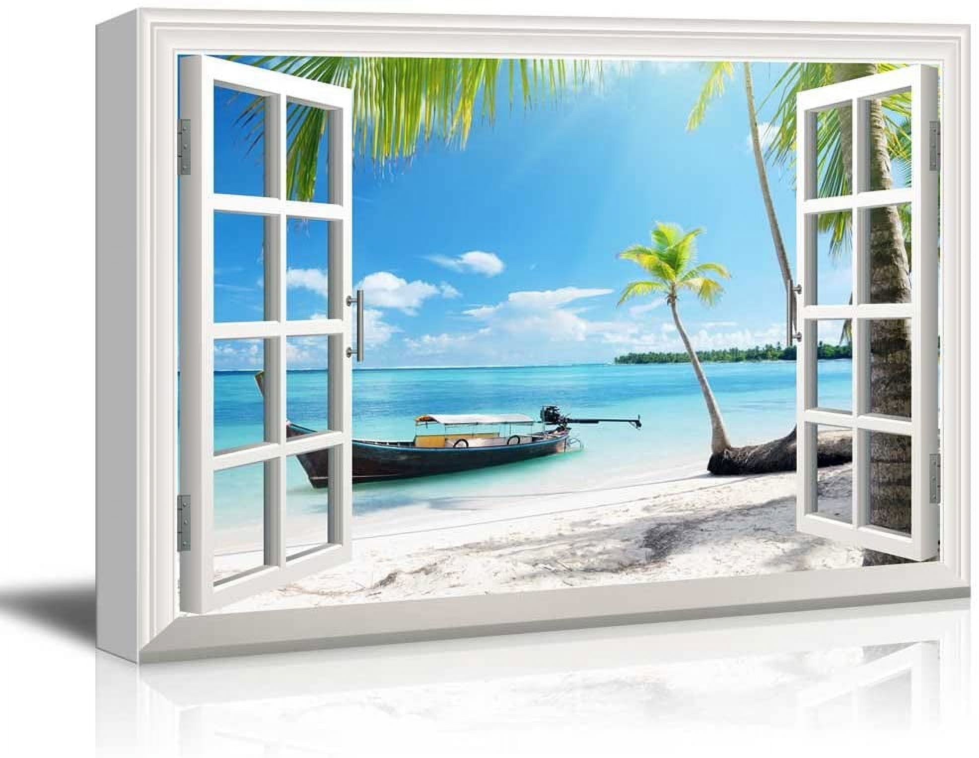 Window View Wall Art 3D Creative Lake Boat Picture Gallary Wrapped ...