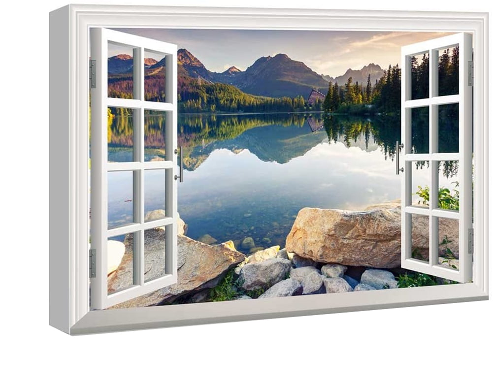 Window View Wall Art 3D Creative Lake Picture Gallary Wrapped Canvas ...
