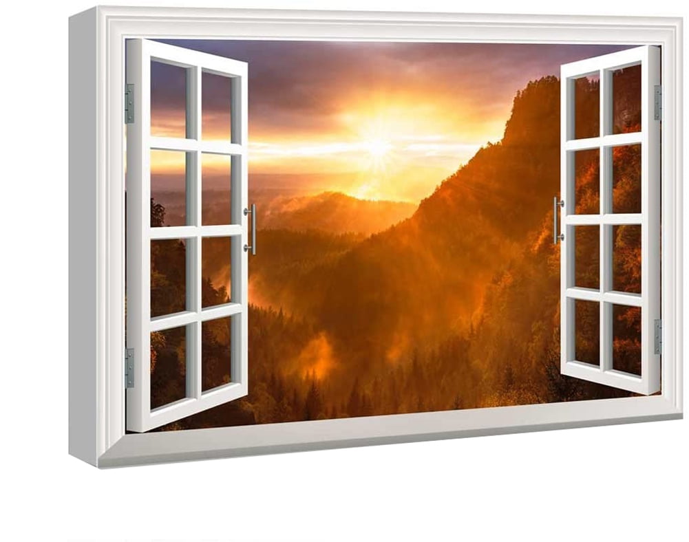 Window View Wall Art 3D Creative Smoky Mountain Picture Gallary Wrapped ...