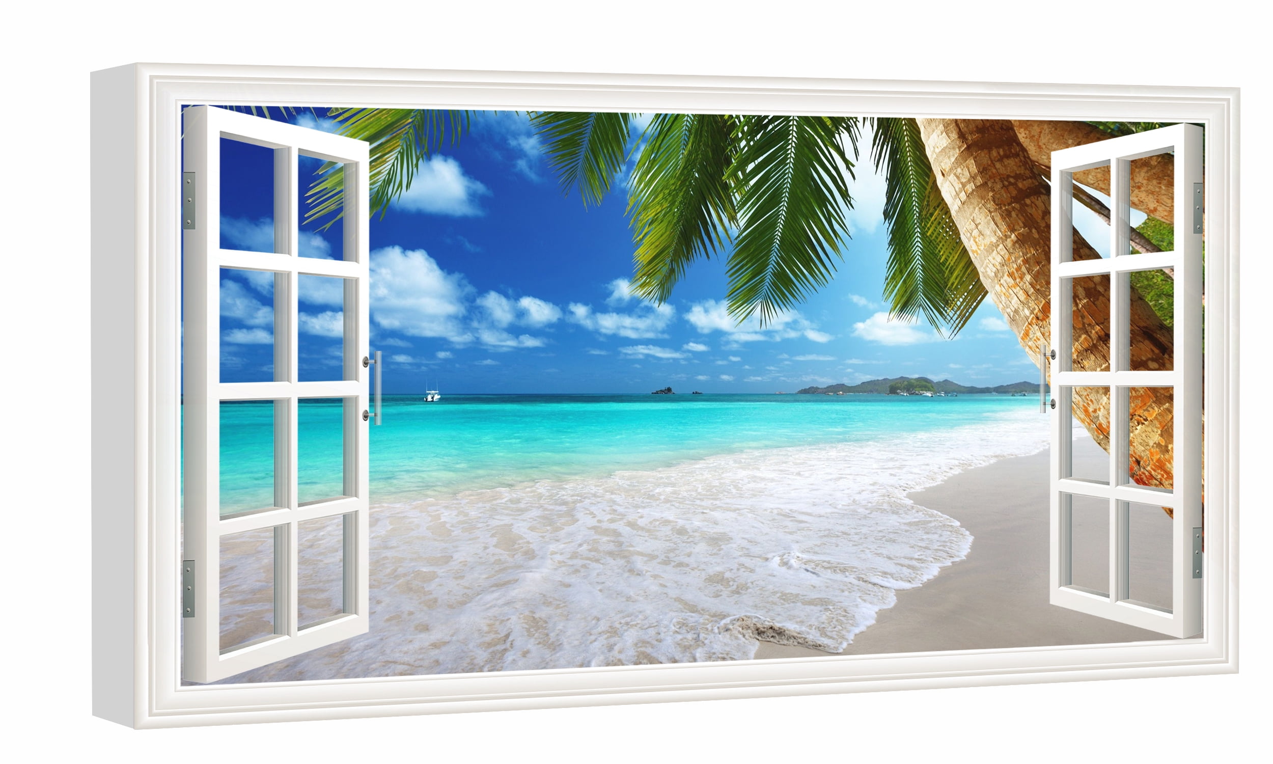 Window View of Beach Palm Canvs Art Fake Open Window Wall Art Beach ...
