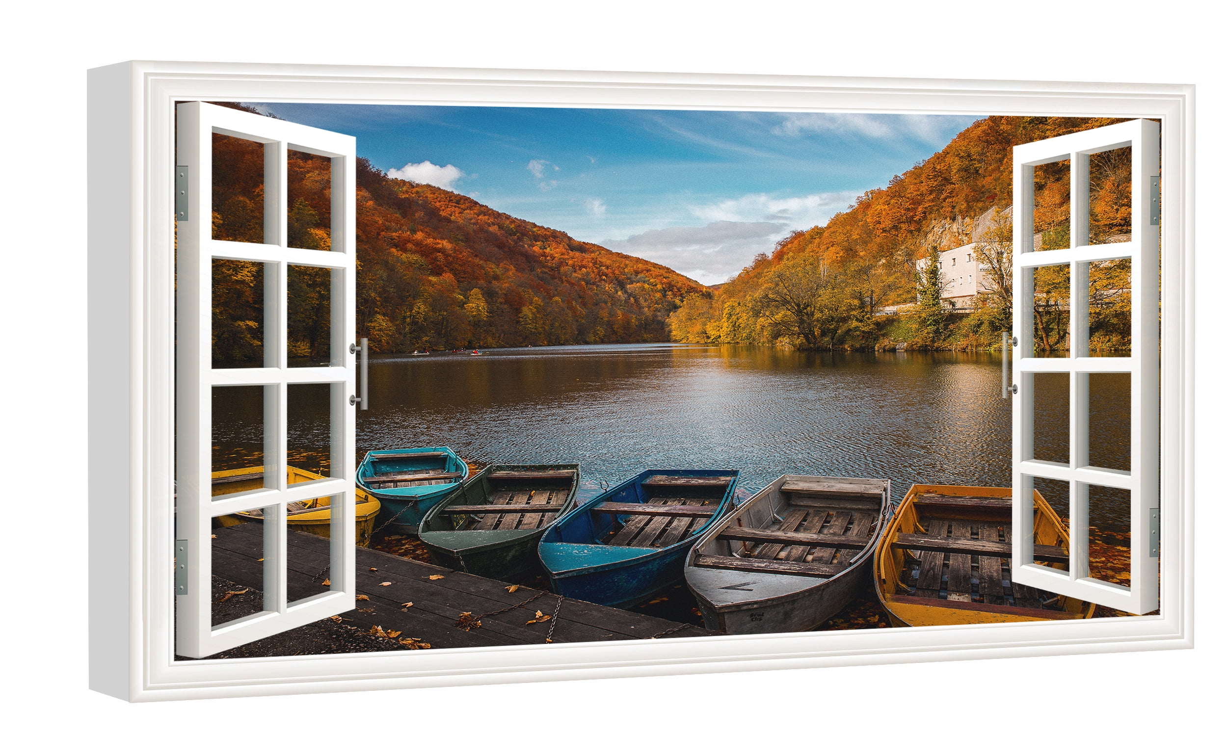 Window View of Colored Row Boats Canvs Art Fake Open Window Wall Art ...