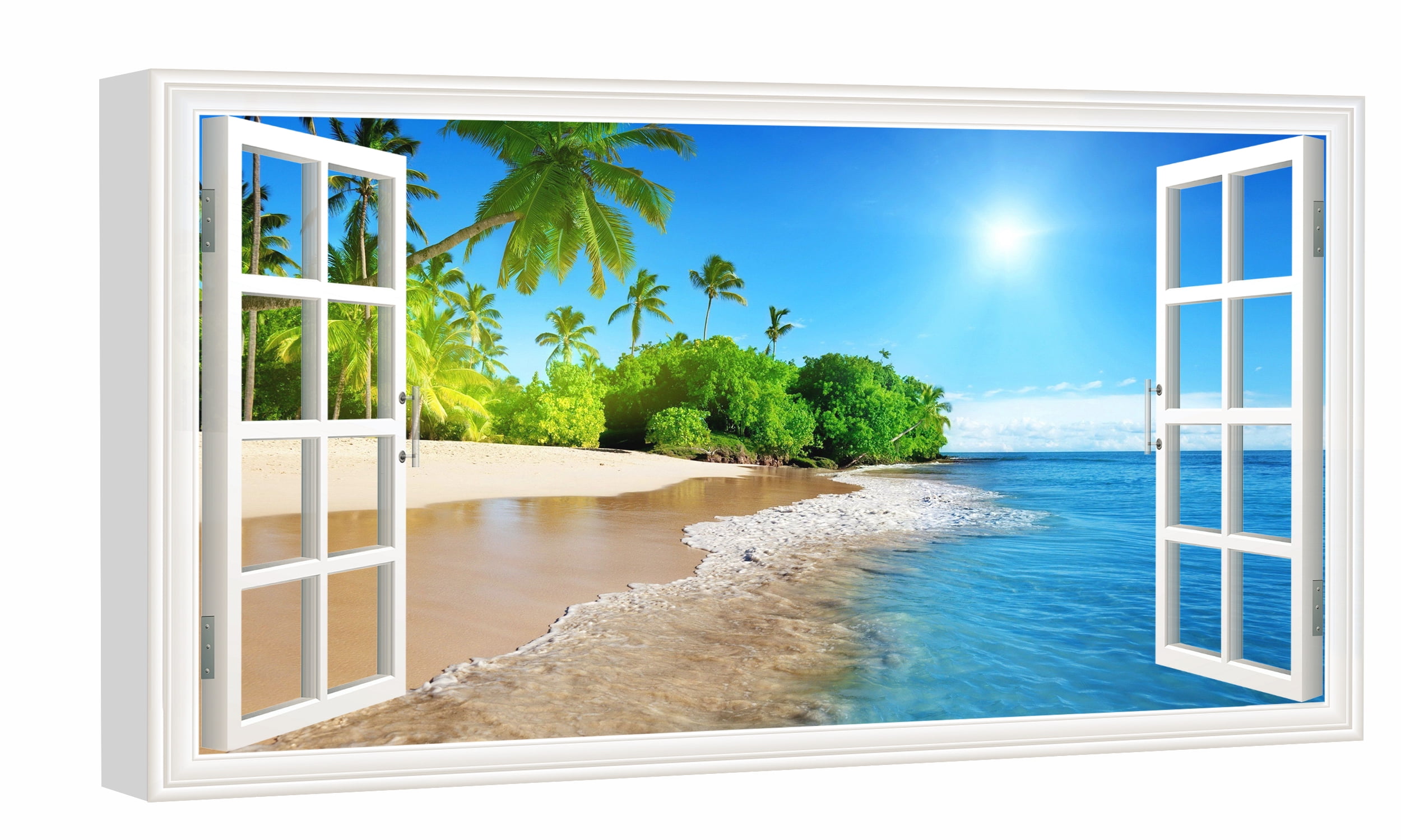 Window View of Sea Palm Tree Canvs Art Fake Open Window Wall Art Sea ...