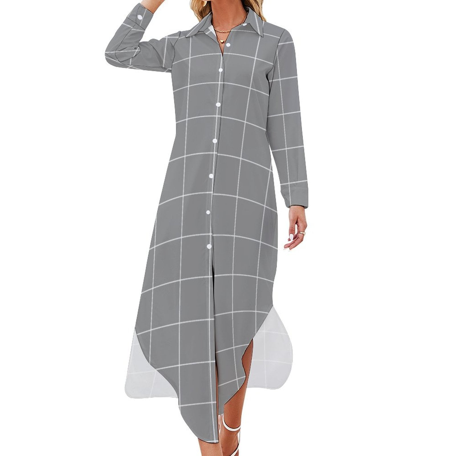 Windowpane Check Grid (white/gray) Long Sleeved Shirt Dress clothes for ...