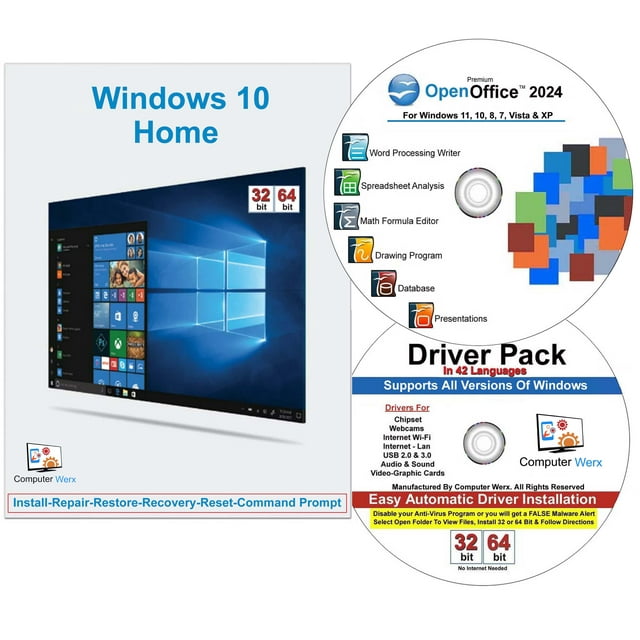 Windows 10 Home 32/64 Bit Install, Repair, Recover DVD with Key ...