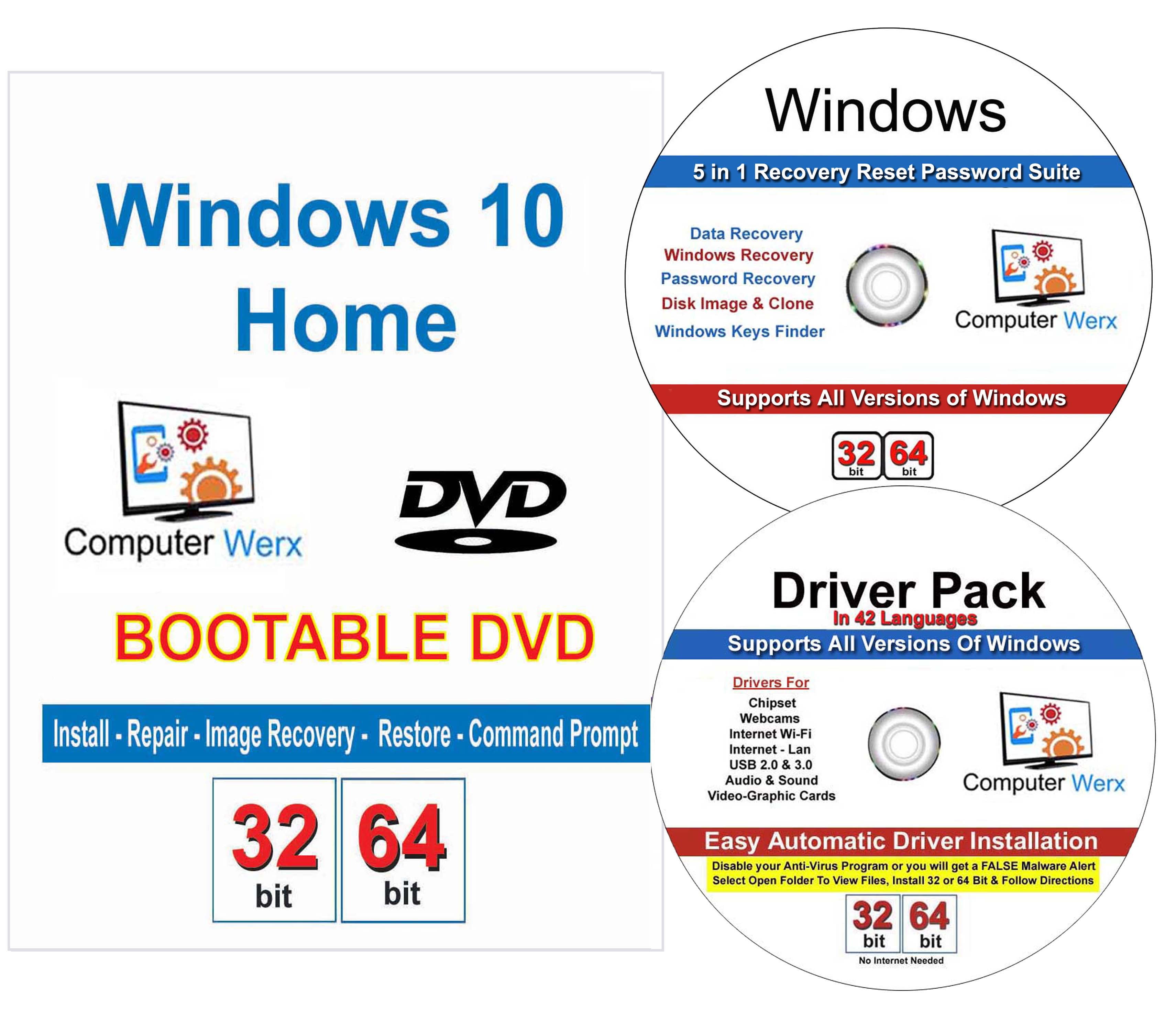 Computer Werx, Windows 10 Home 32/64 Bit Repair and Install DVD, 3 Pack ...